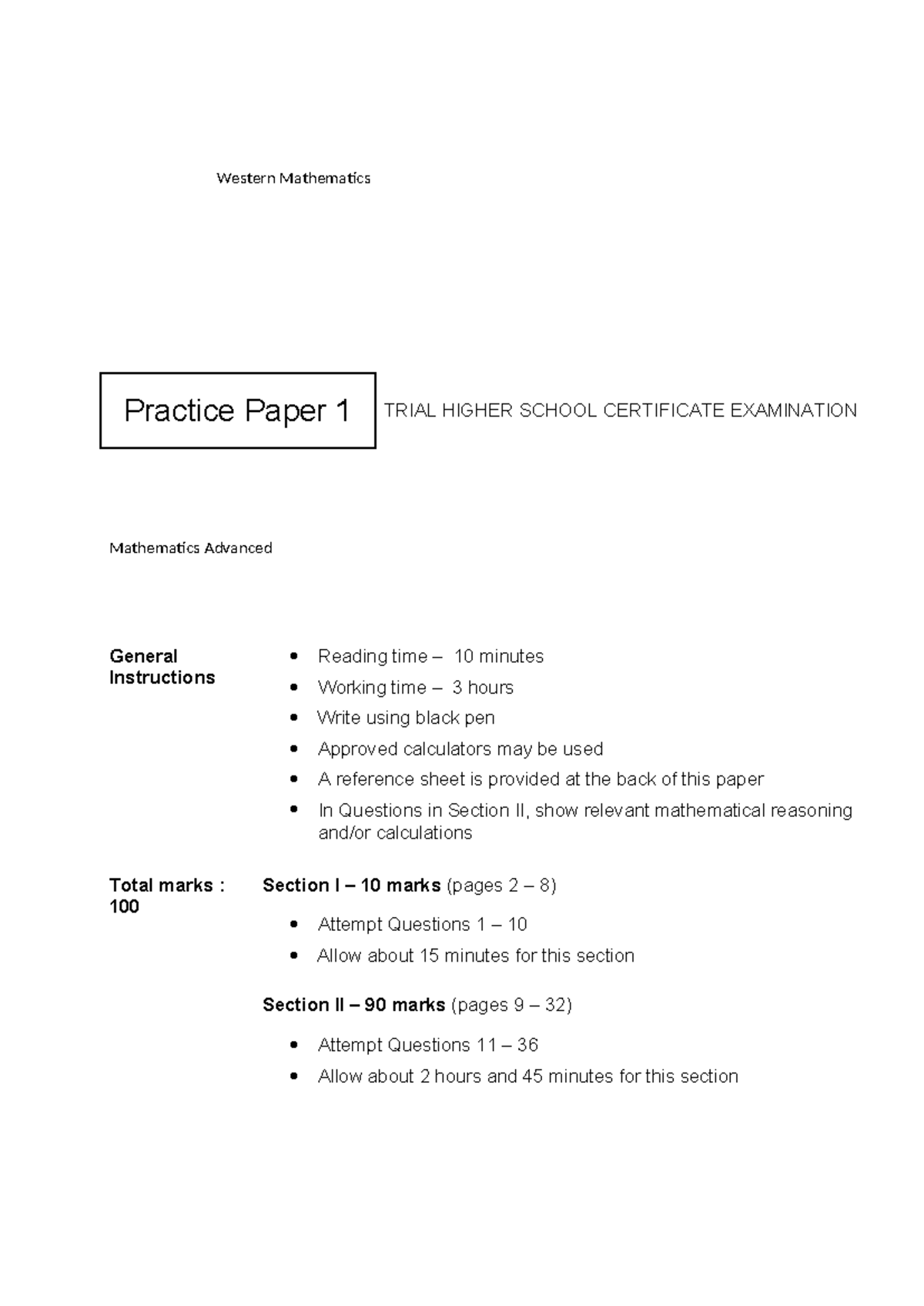 Western Mathematics Practice Paper 1 Advanced HSC Exam - Studocu