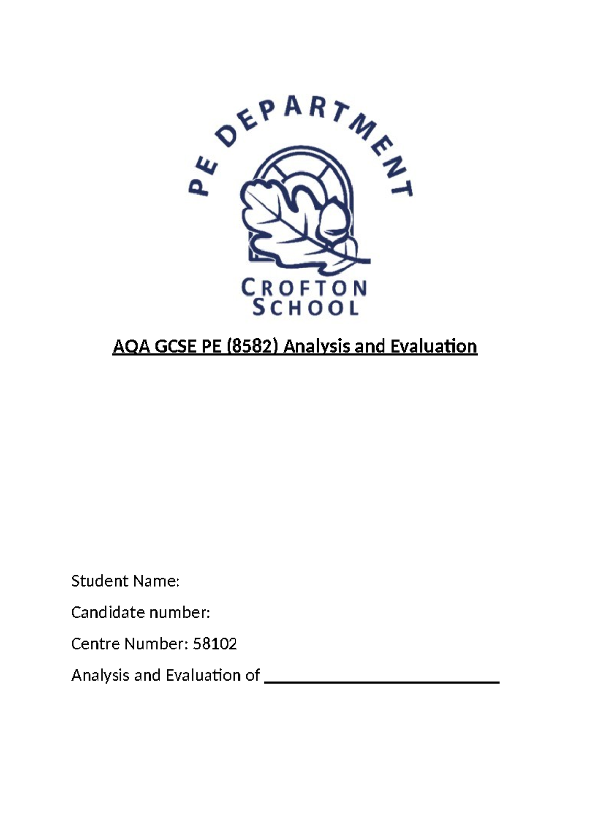 AQA GCSE PE (8582) Analysis and Evaluation Coursework Template - Studocu