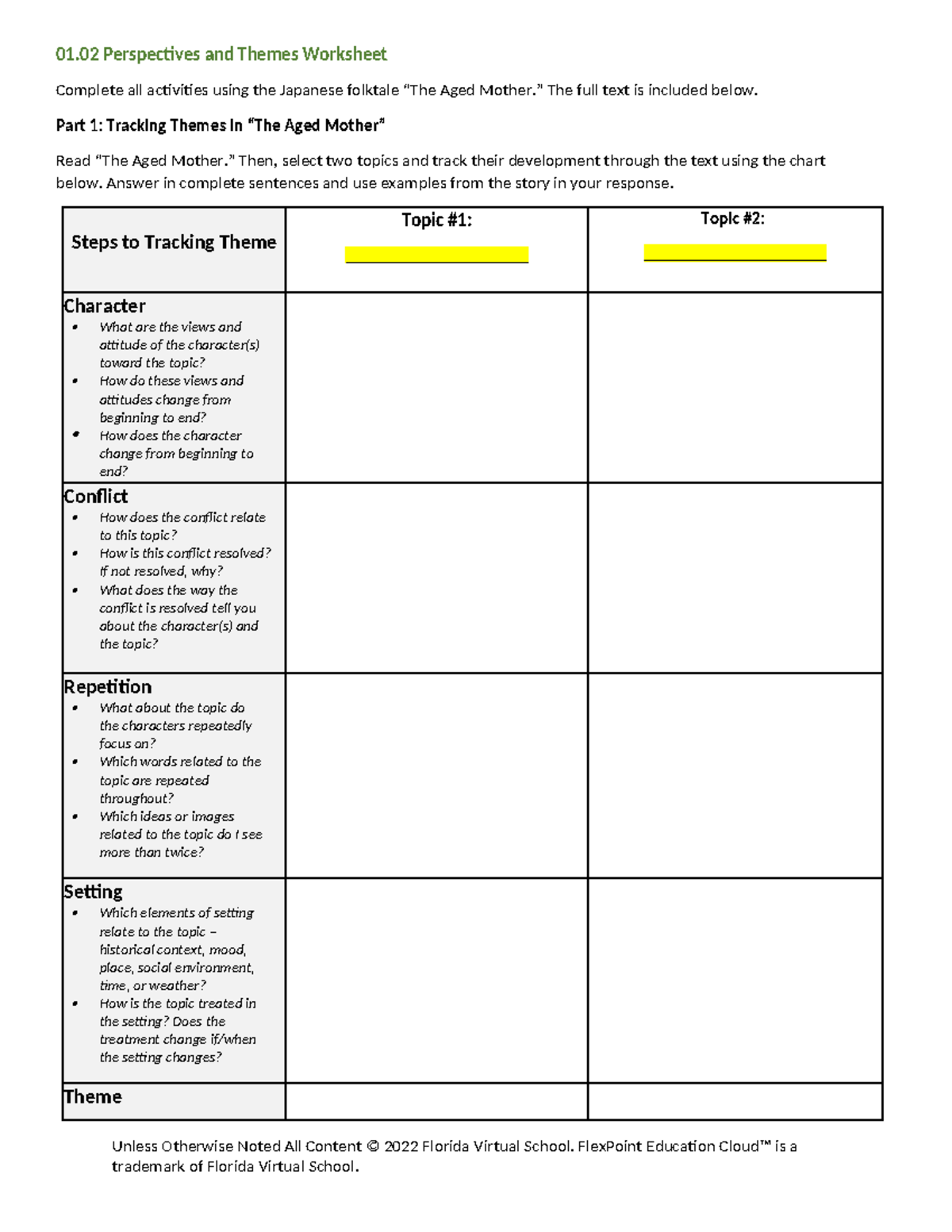 01 02 worksheet - good - 01 Perspectives and Themes Worksheet Complete ...