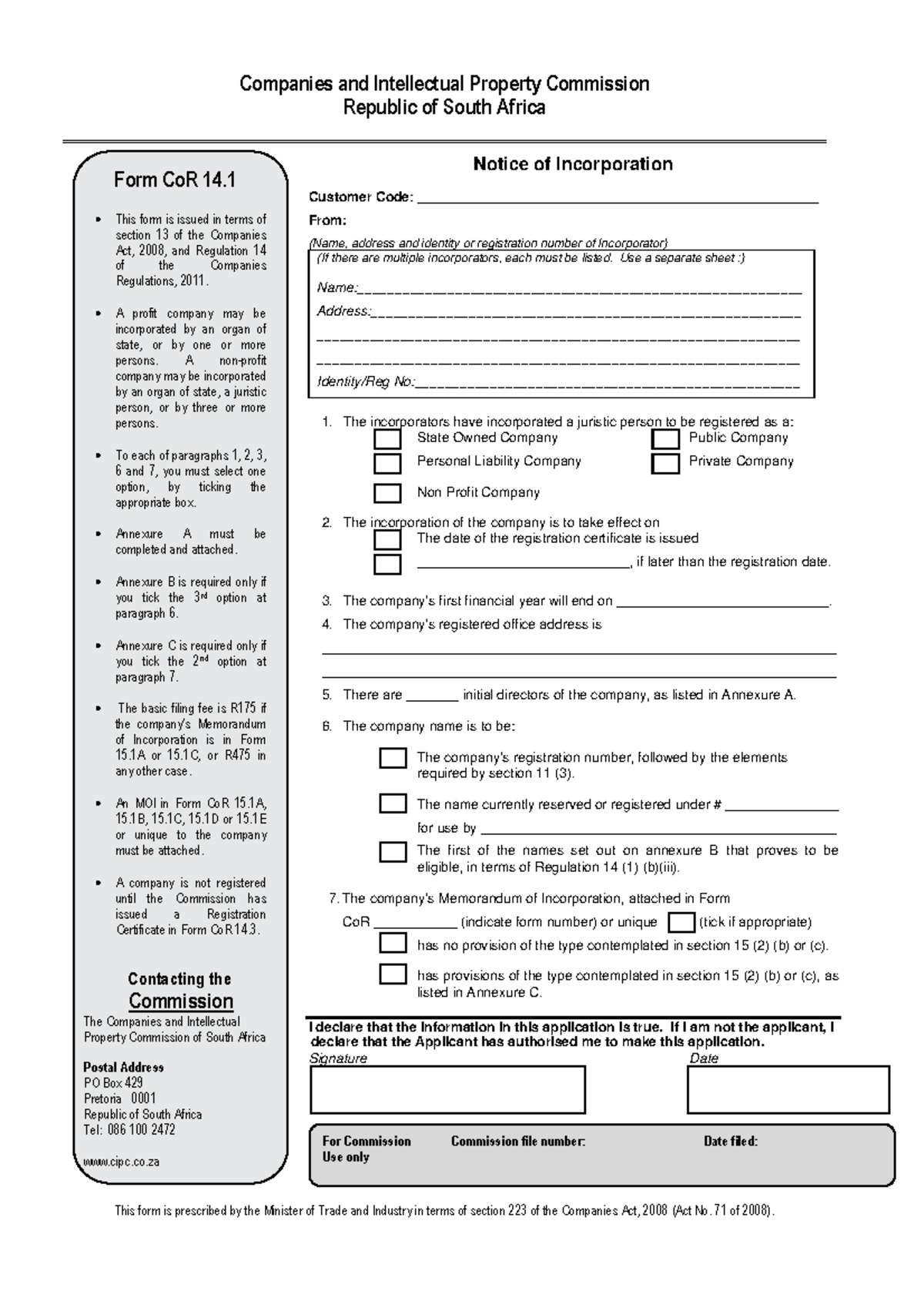 Notice of Incorporation Form CoR 14.1 - Companies Act 2008 - Studocu