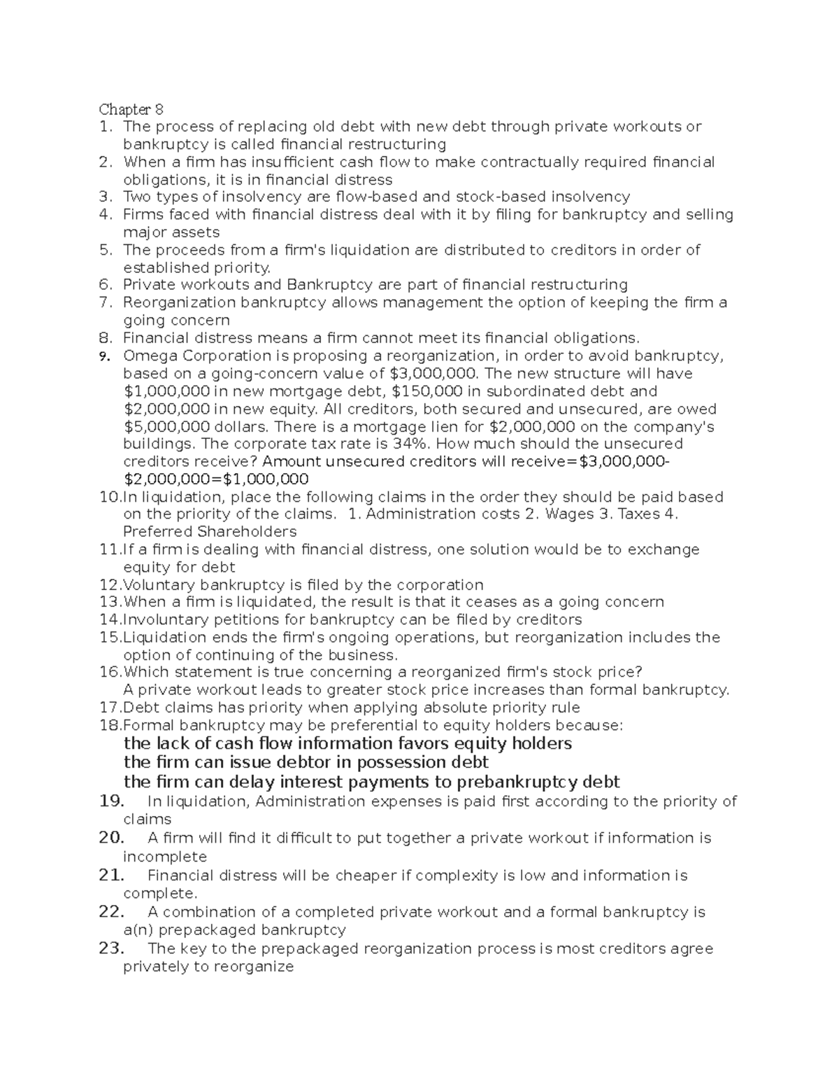 Chapter 8 - Financial Restructuring and Distress Insights - Studocu