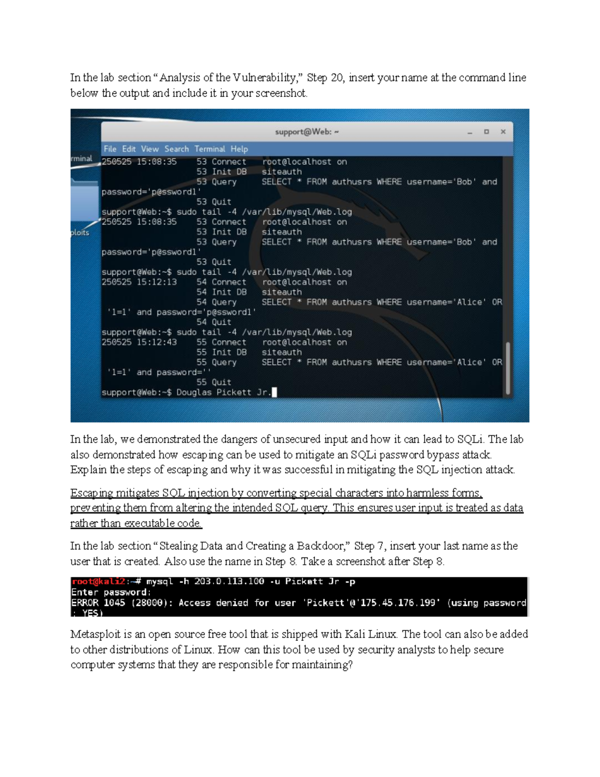 Module Three Labs: SQL Injection Mitigation & Metasploit Overview CYB-240 - Studocu