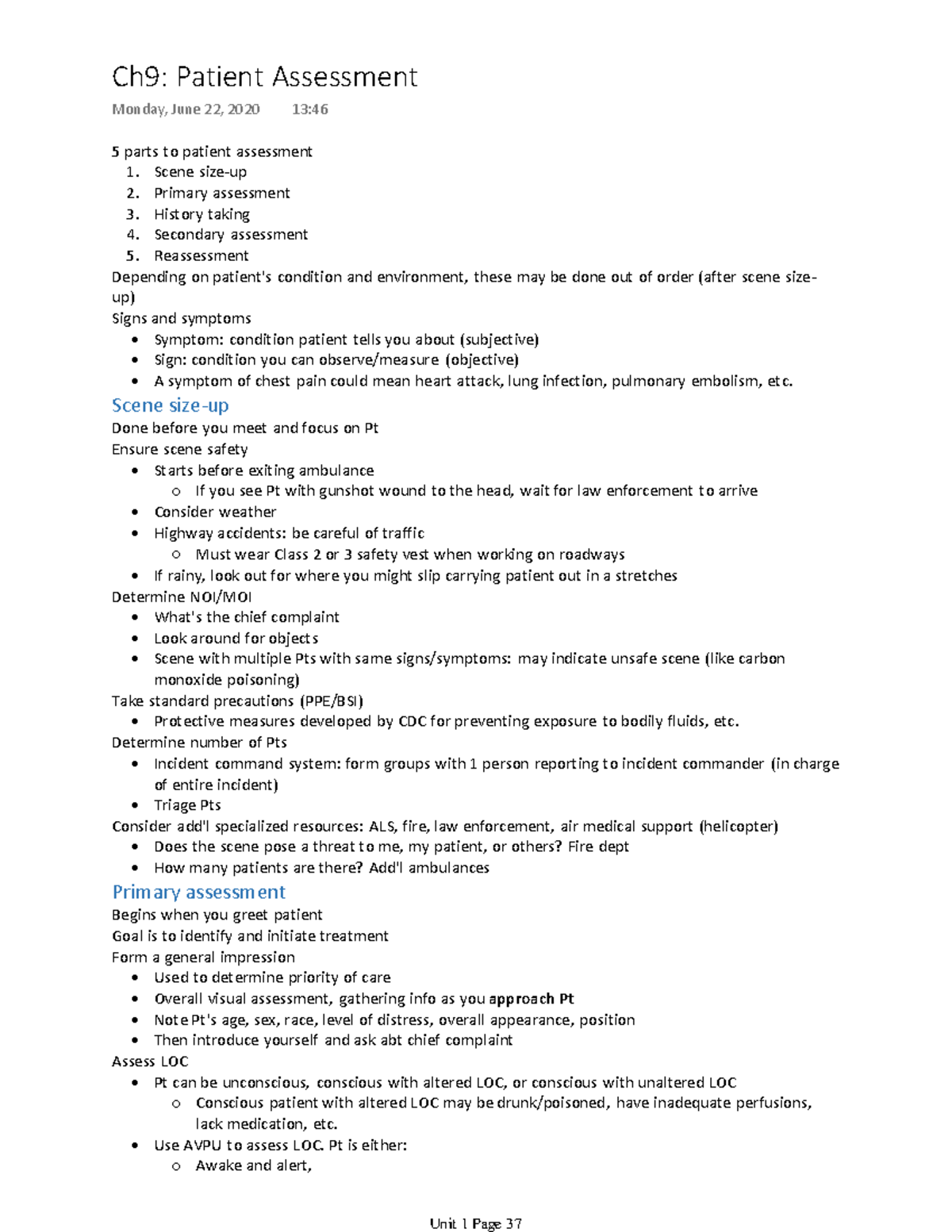 Ch9 Patient Assessment - 5 parts to patient assessment Scene size-up Primary assessment History ...