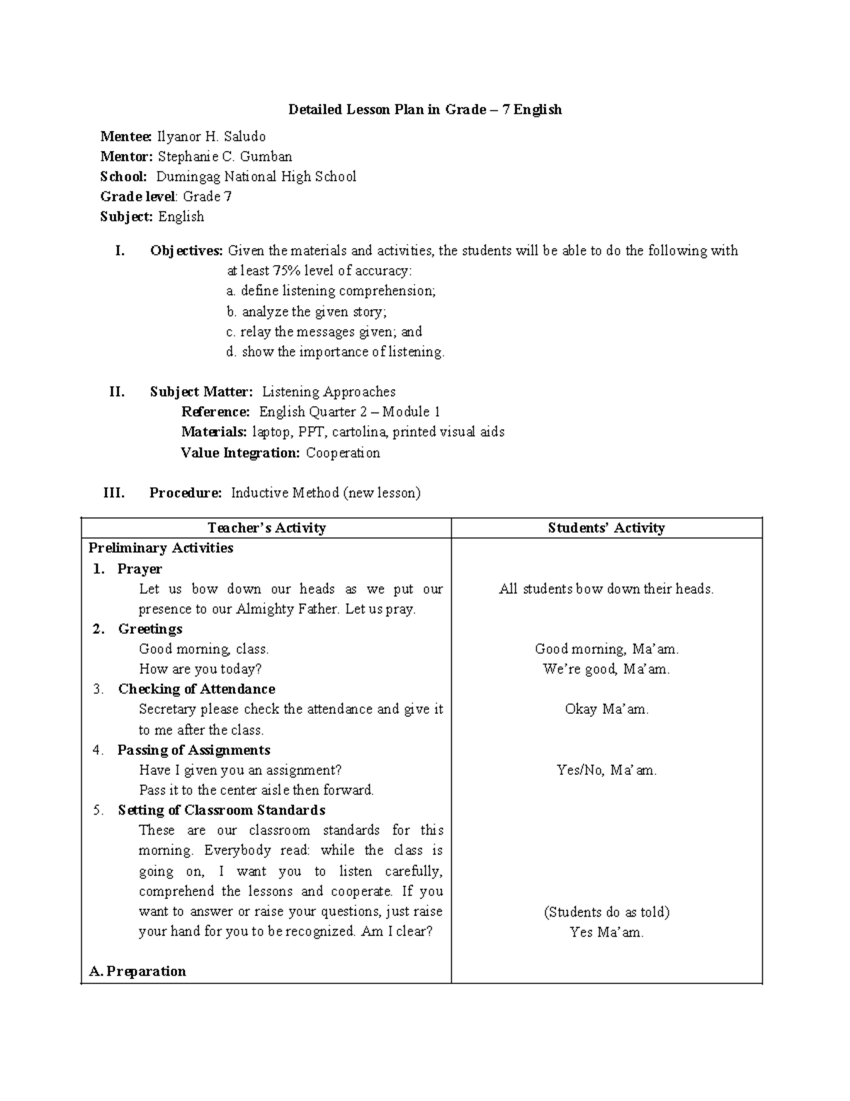 Grade 7 English Lesson Plan: Listening Approaches and Activities - Studocu