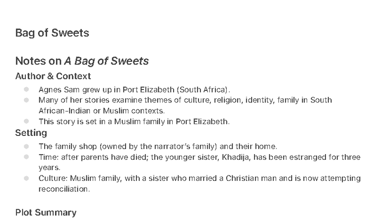Bag of Sweets (Short Story) - Analysis & Study Notes - Studocu