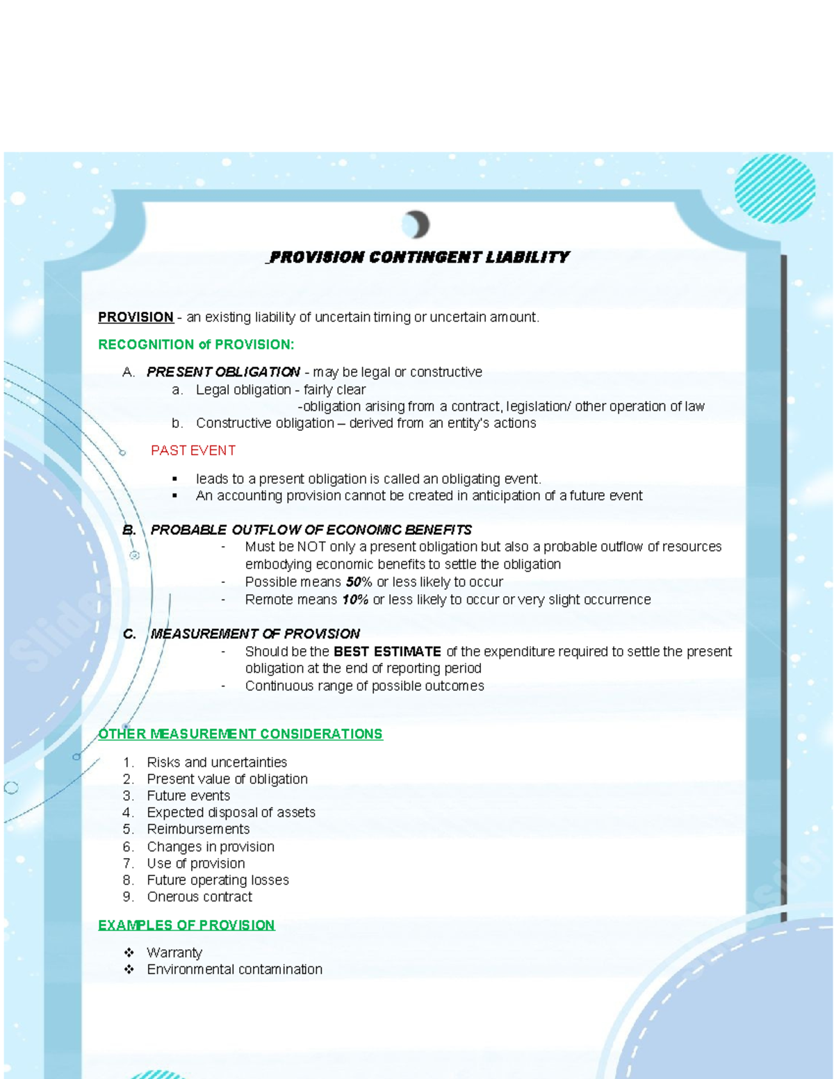 ELEC4 Final - Summary notes - PROVISION CONTINGENT LIABILITY PROVISION ...