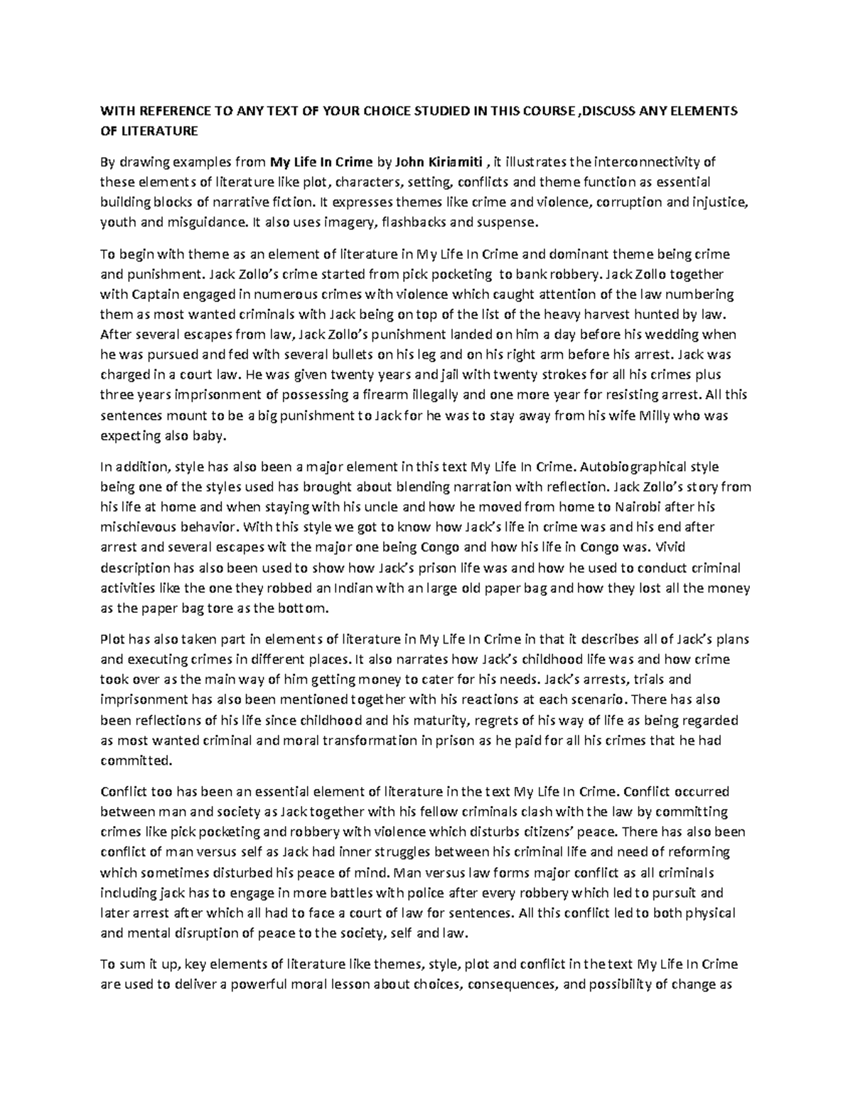 ENG 101: Elements of Literature in "My Life In Crime" Analysis - Studocu