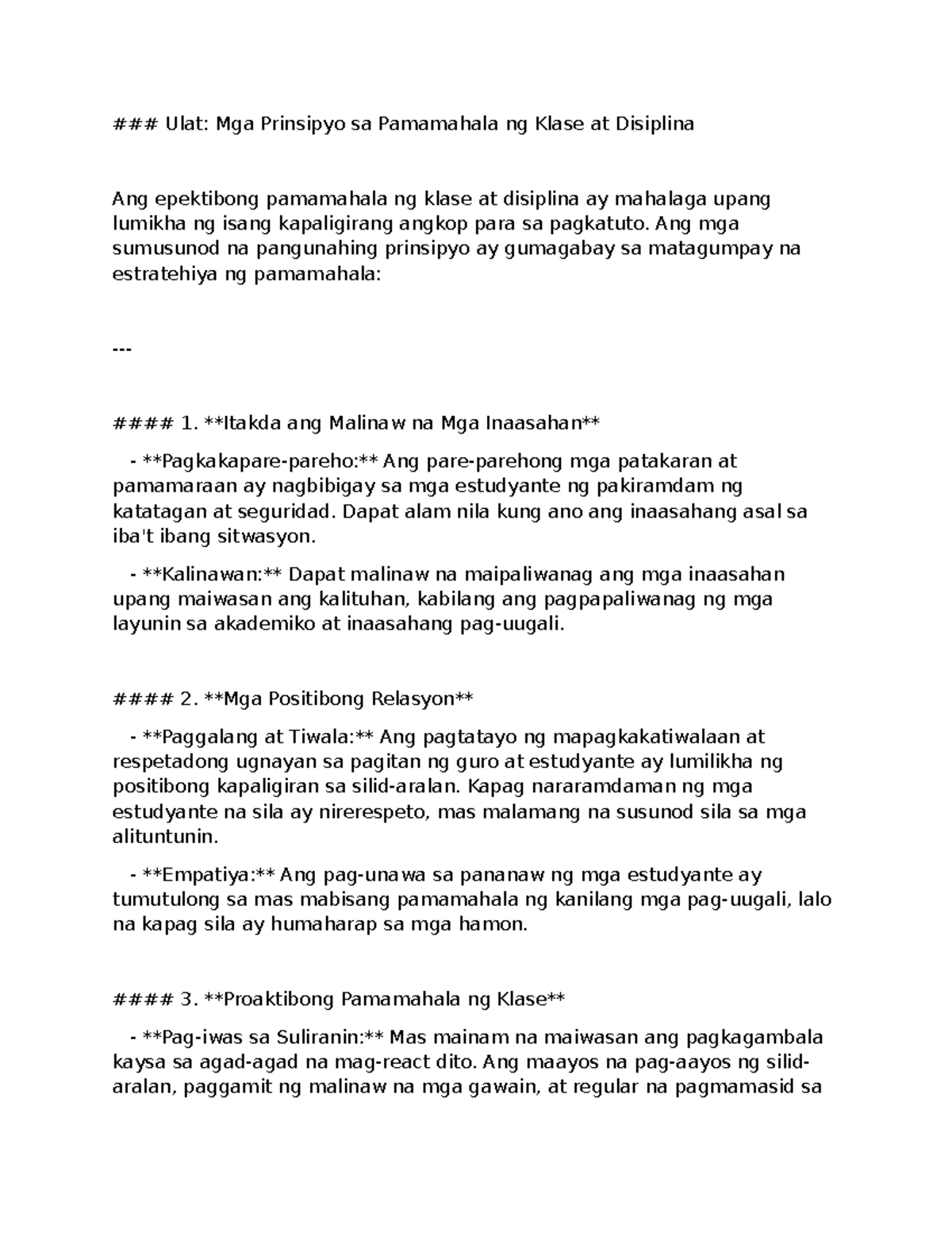 212 tagalog report - Ulat: Mga Prinsipyo sa Pamamahala ng Klase at ...
