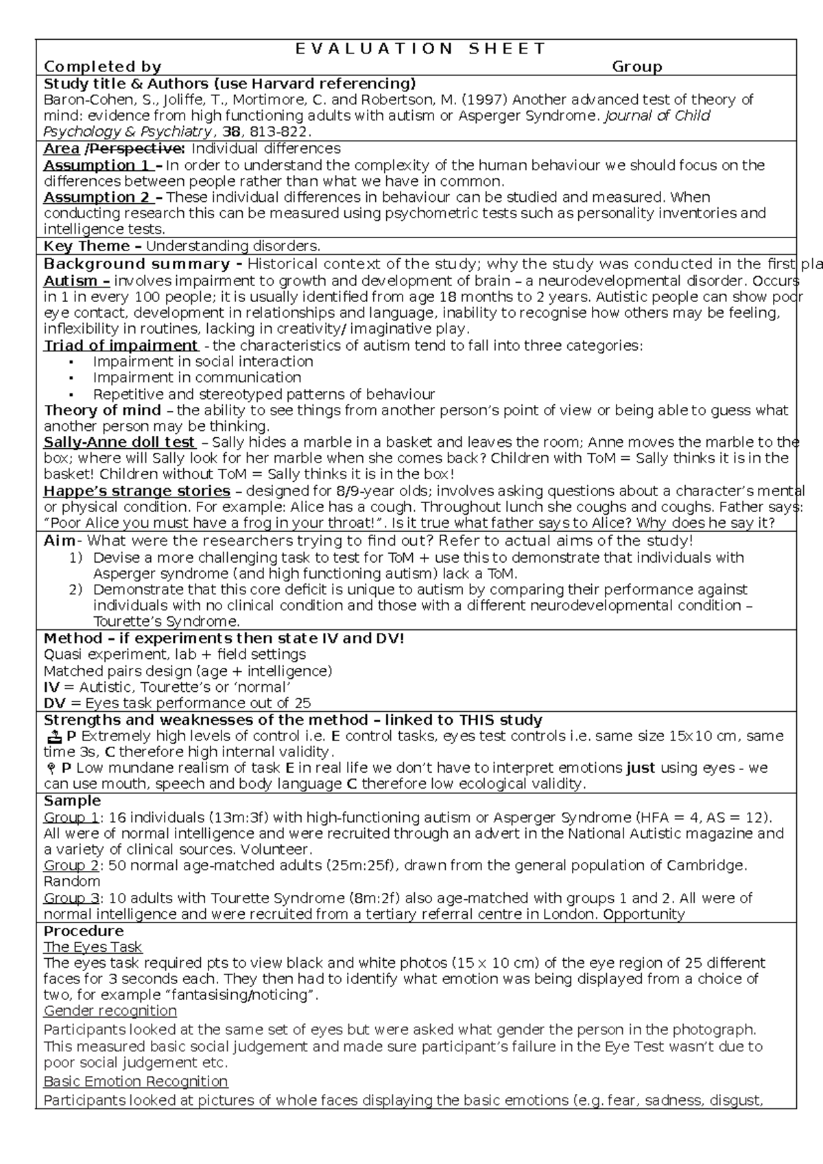 Baron-Cohen's Theory of Mind Study: Evaluation Summary E Sheet - Studocu