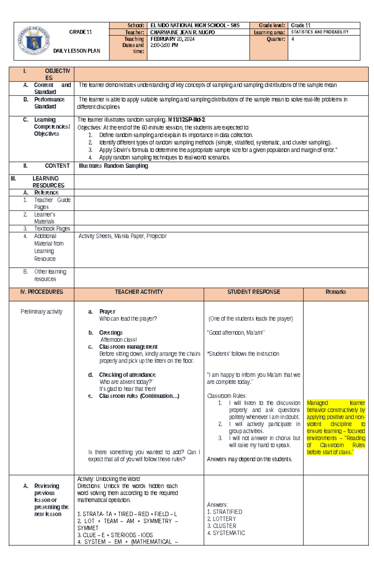 Grade 11 Statistics & Probability Lesson Plan: Random Sampling 2025 ...