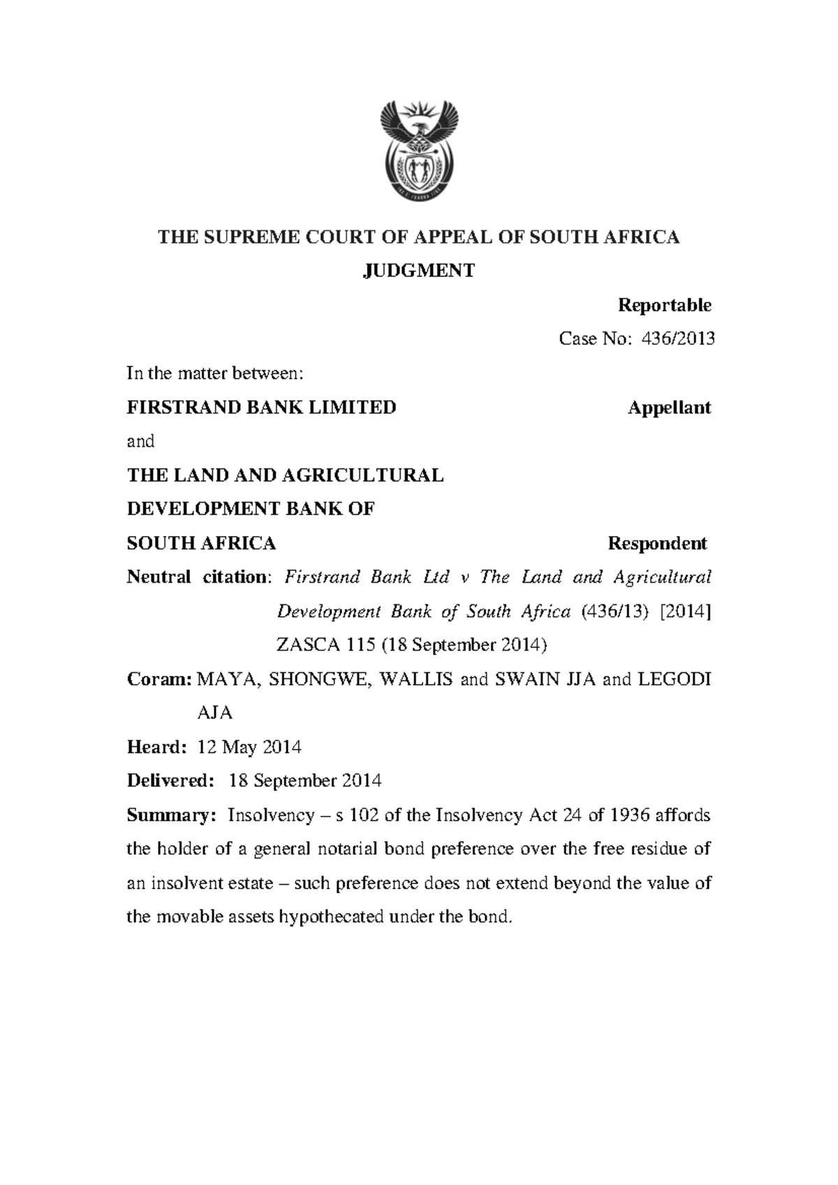 Firstrand Bank Ltd v The Land Bank: Legal Insights on Insolvency - Studocu