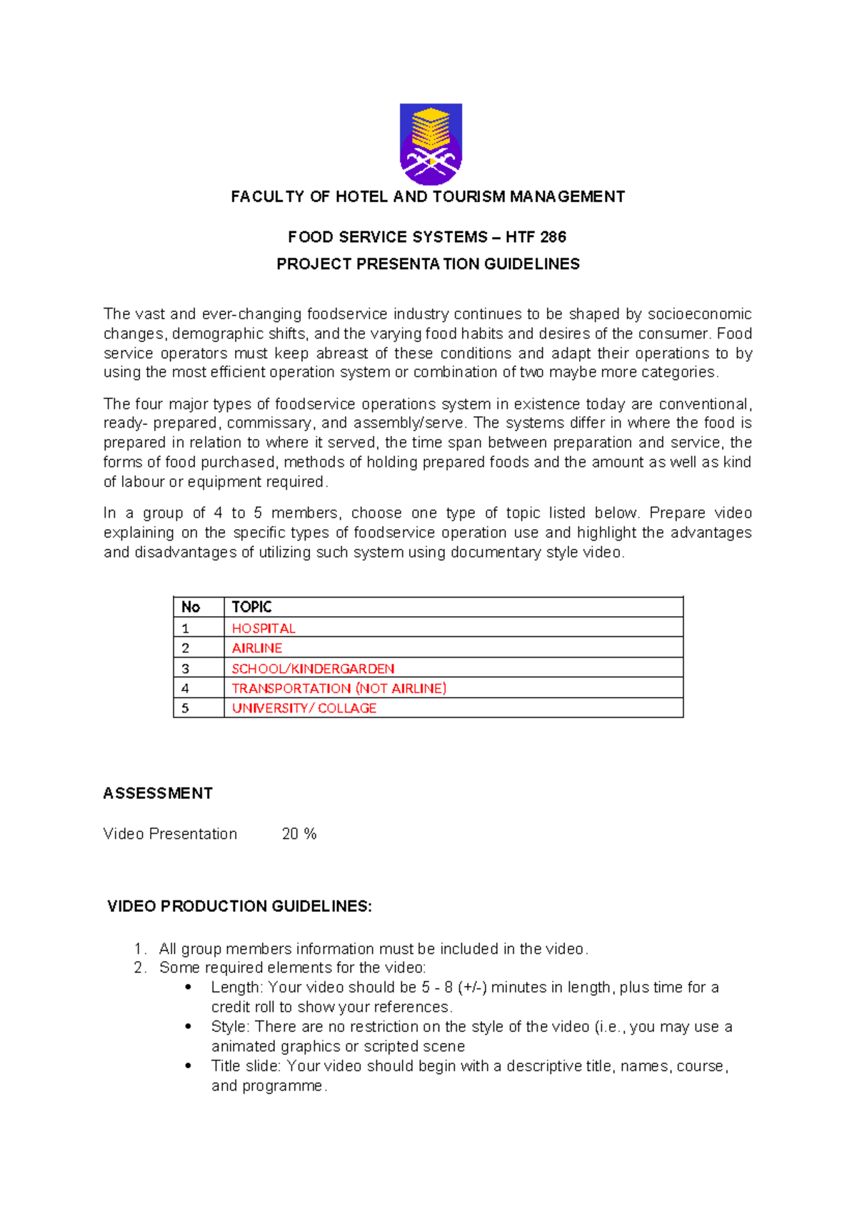 HTF 286 - Food Service Systems Video Project Guidelines - Studocu