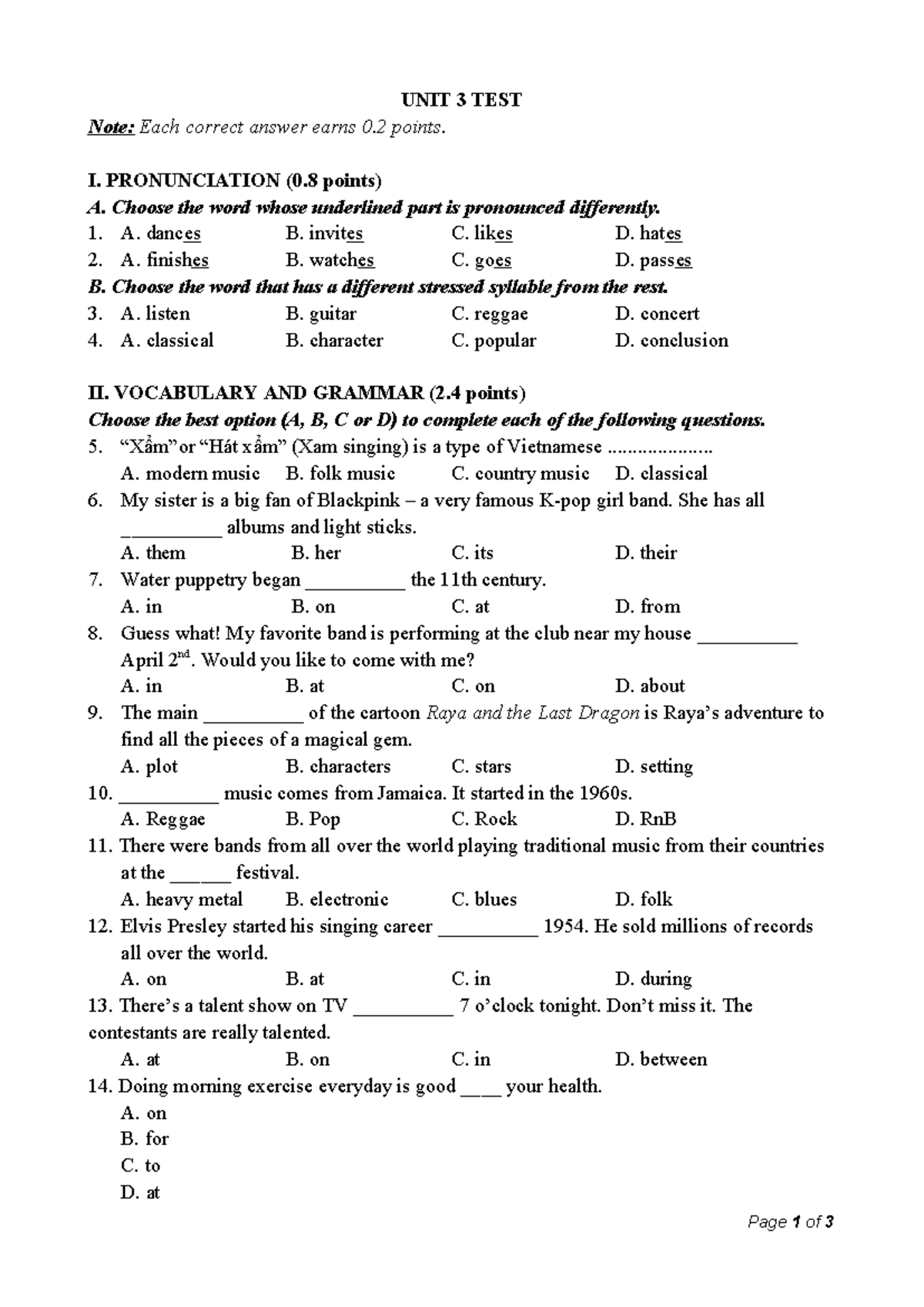 Unit 3 Test Pronunciation Vocabulary Grammar Reading Studocu