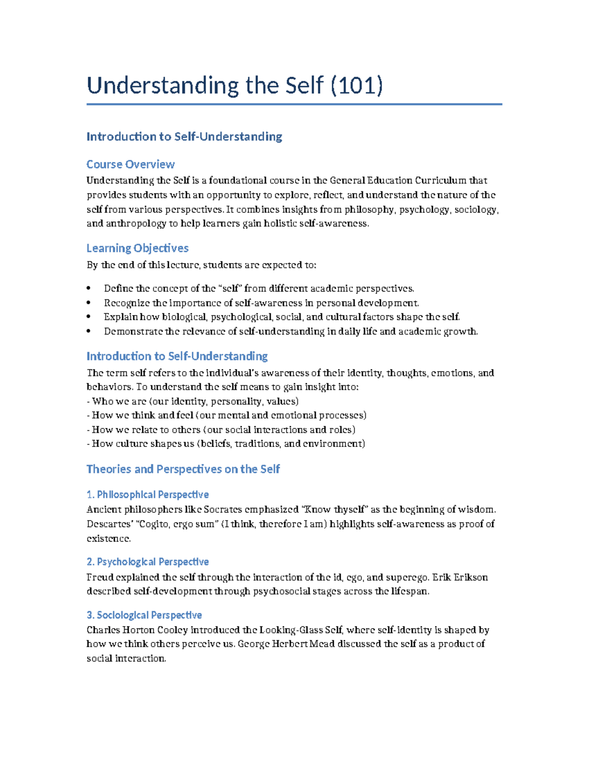 Understanding the Self (101) Course Overview and Key Concepts - Studocu
