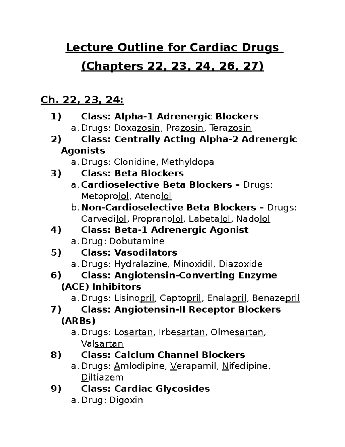 Lecture Outline for Cardiac Drugs (Chapters 22-27) - Studocu