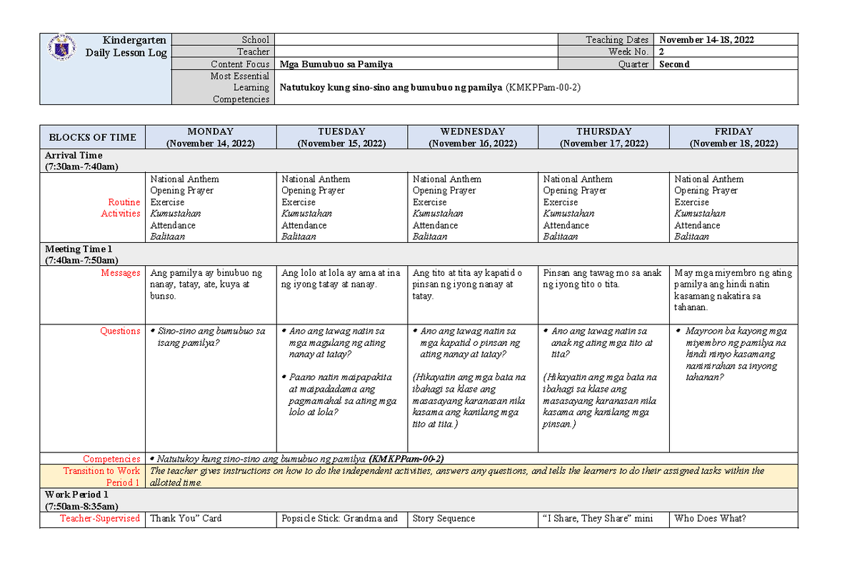 Kindergarten DLL: Daily Lesson Log for Nov 14-18, 2022 - Studocu
