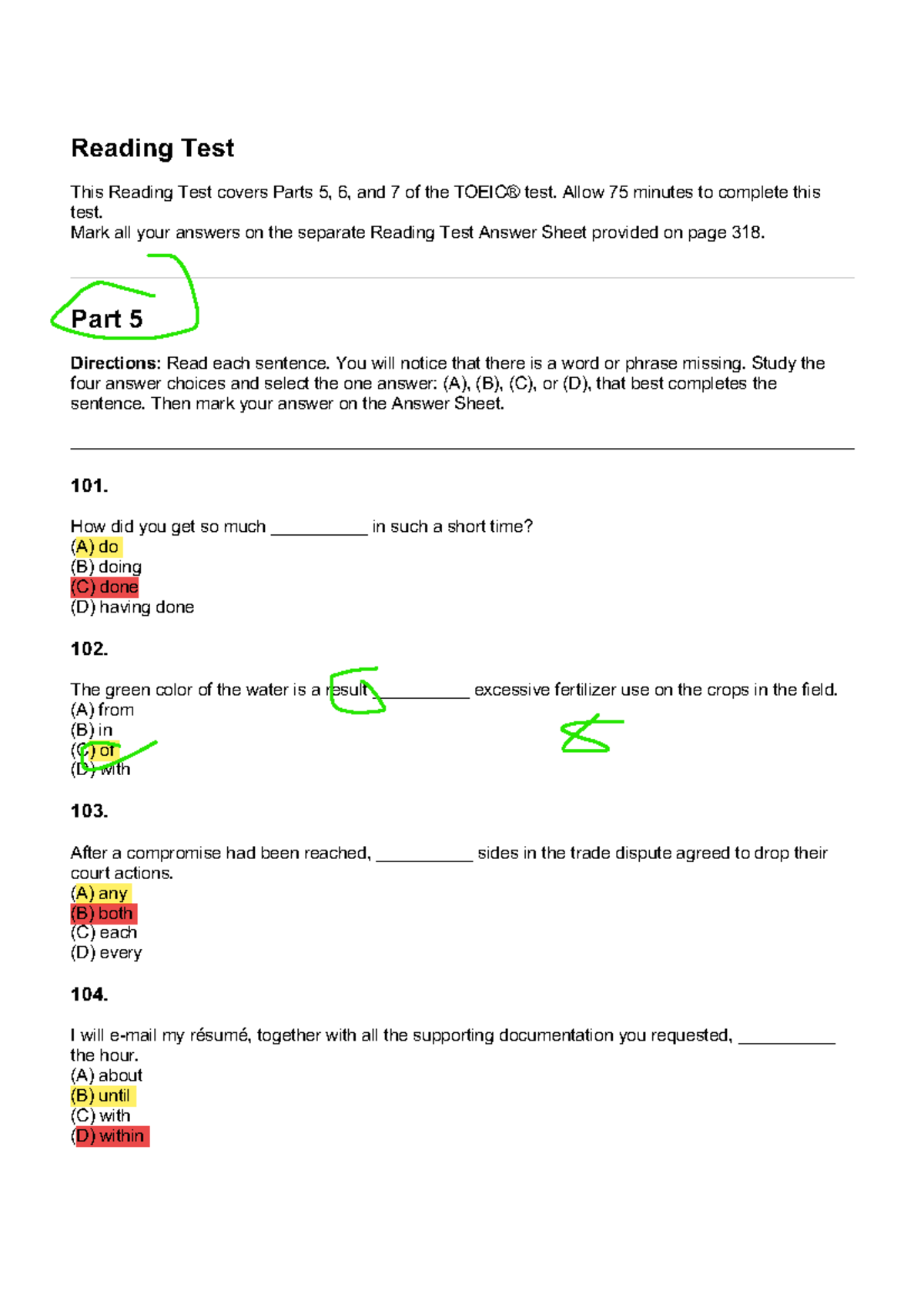 Reading Test Parts 5, 6, and 7 - T1 Questions and Answers - Studocu