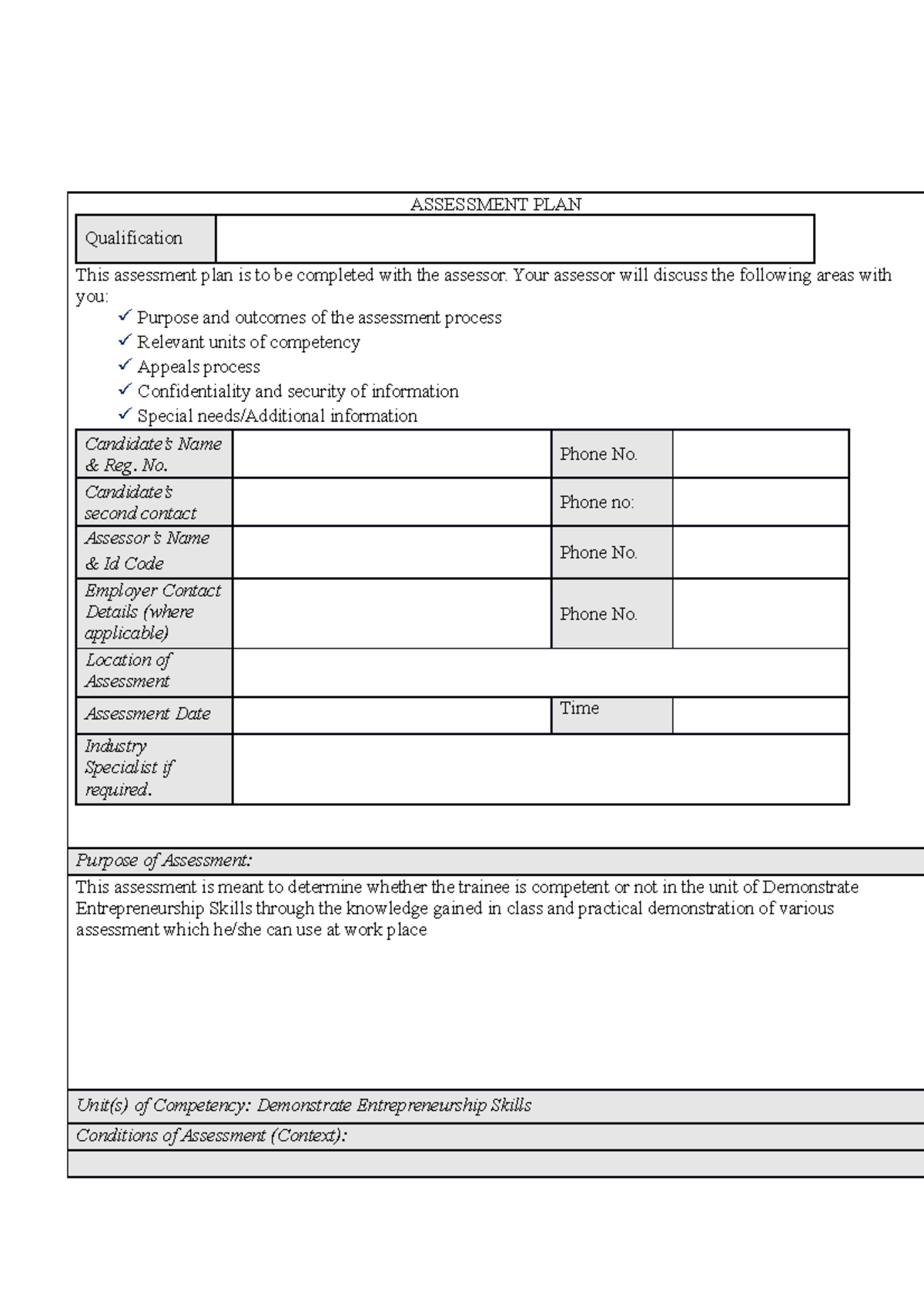 Entrepreneurship Skills - ASSESSMENT PLAN Qualification This assessment ...
