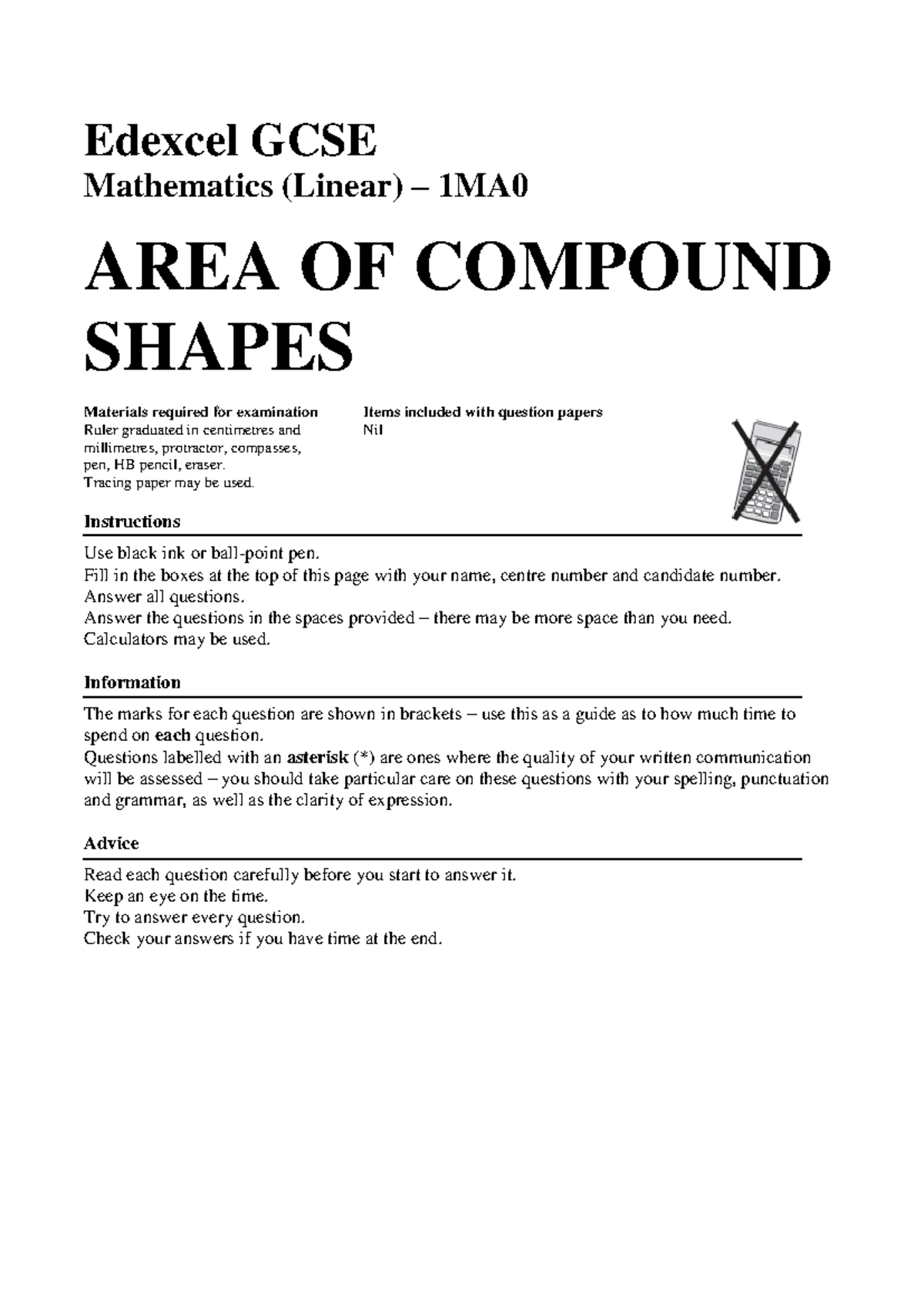 GCSE Maths (1MA) Area of Compound Shapes - Exam Practice Questions ...