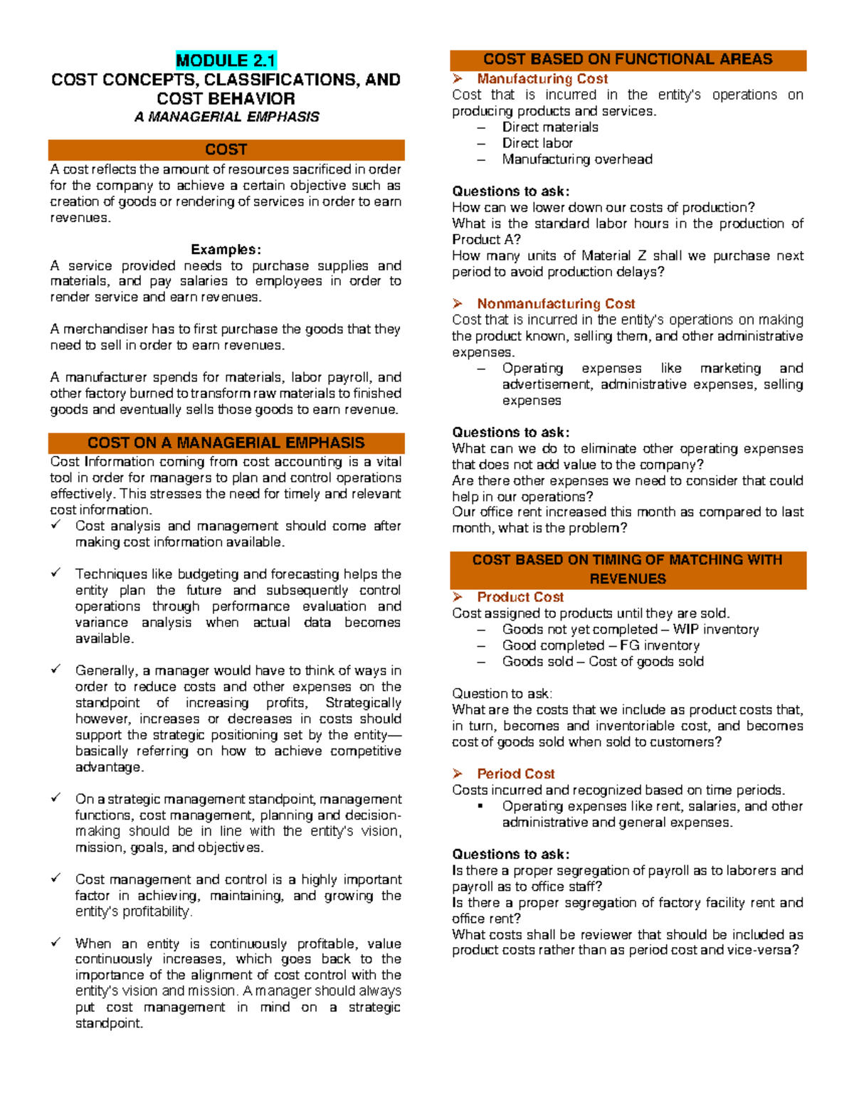 Module 2 (COST2) - Cost Concepts and Classifications - MODULE 2. COST CONCEPTS, CLASSIFICATIONS ...