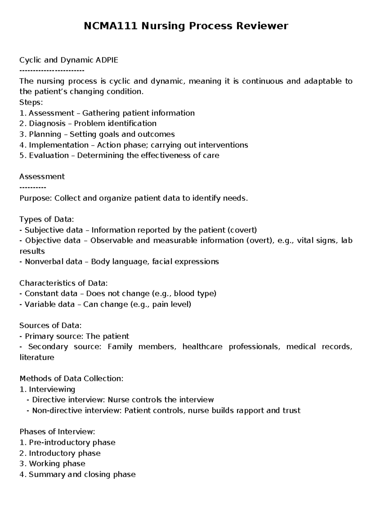 NCMA111 Nursing Process: A Comprehensive ADPIE Review - Studocu