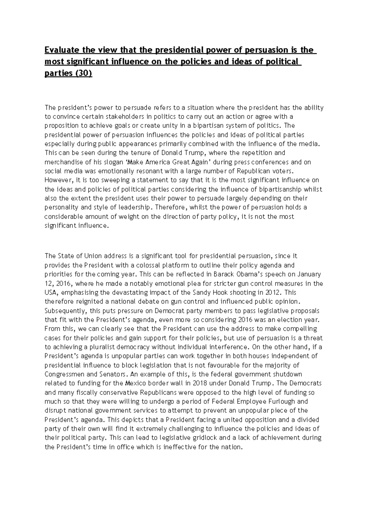 US Politics: Evaluating Presidential Power of Persuasion (30 Mark Essay ...