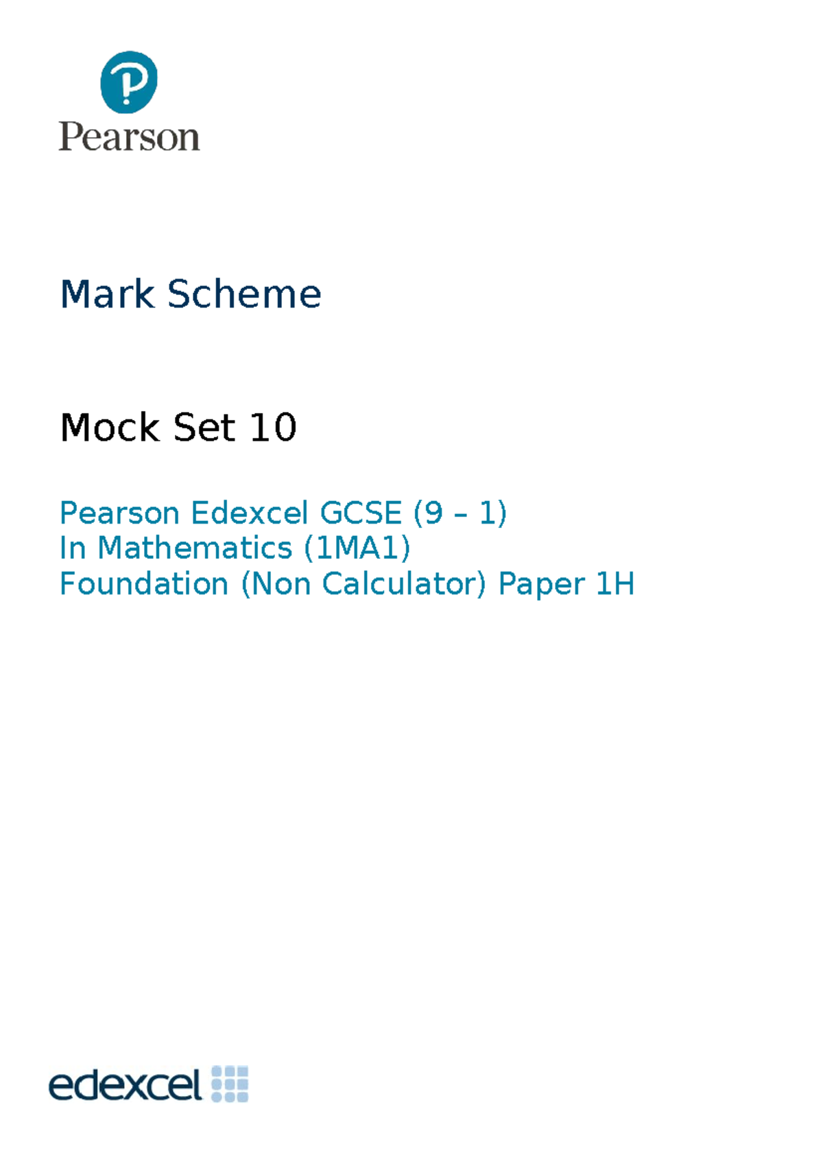 GCSE Maths Mock Exam 10 Mark Scheme 1MA1 1H - Studocu