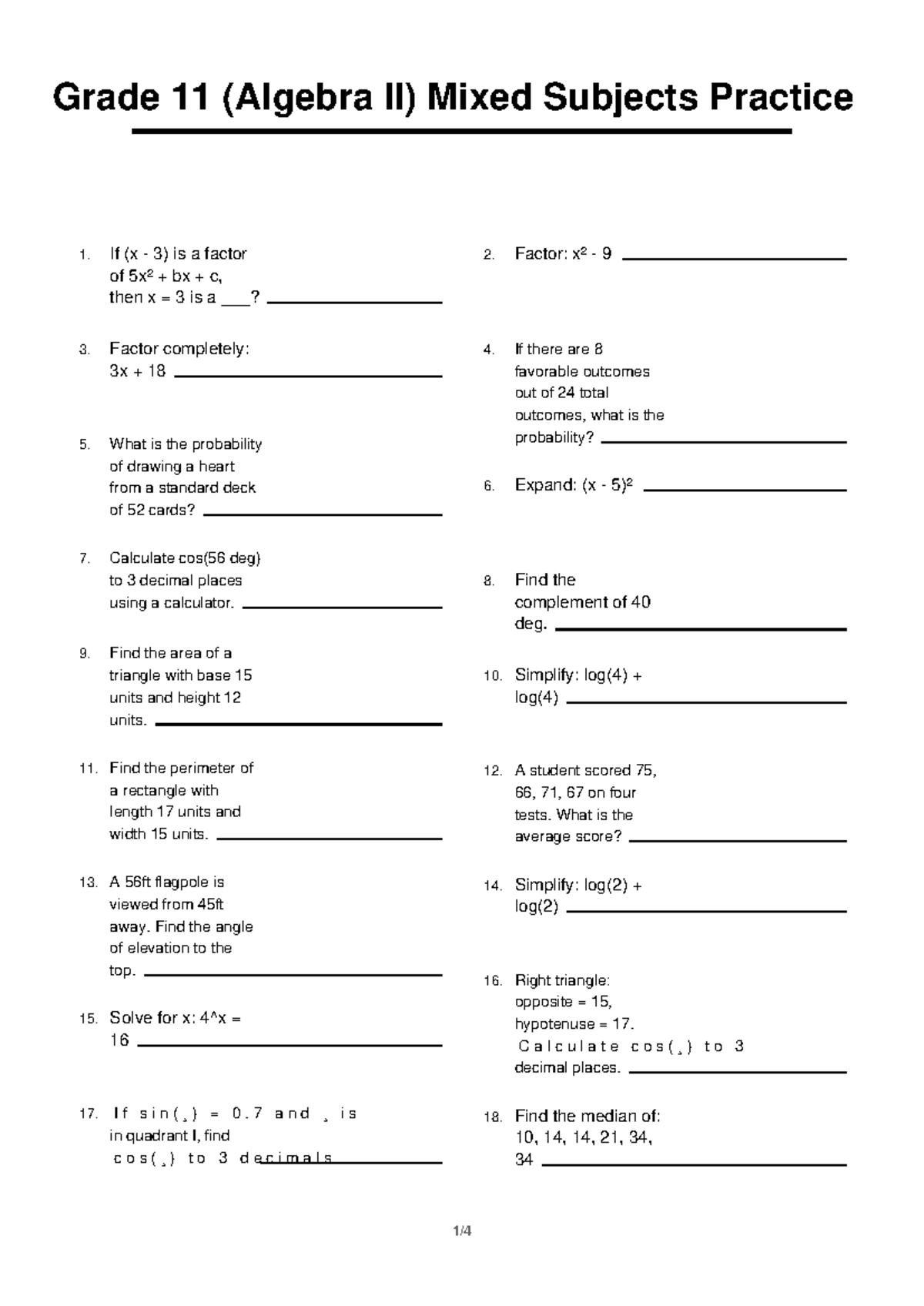 Grade 11 (Algebra II) Mixed Subjects Practice Problems 20 - Studocu