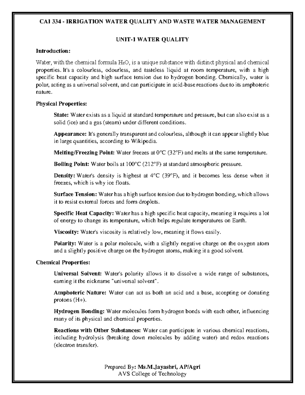 CAI 334 WATER QUALITY & WASTE WATER MANAGEMENT: Unit 1 Notes - Studocu