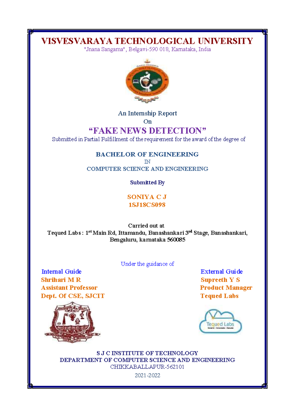 Internship Report on Fake News Detection - 8th Sem, CSE, SJCIT - Studocu