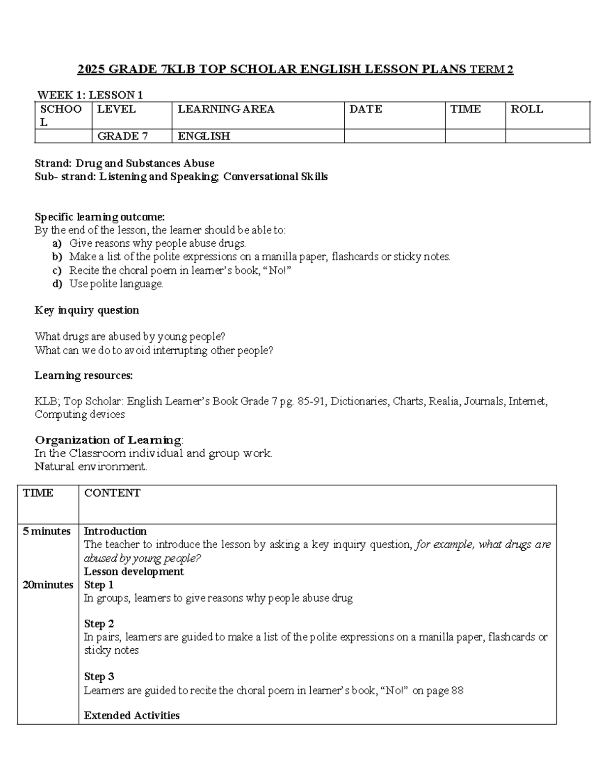Grade 7 English Lesson Plans: Drug & Substance Abuse Focus - Term 2 ...