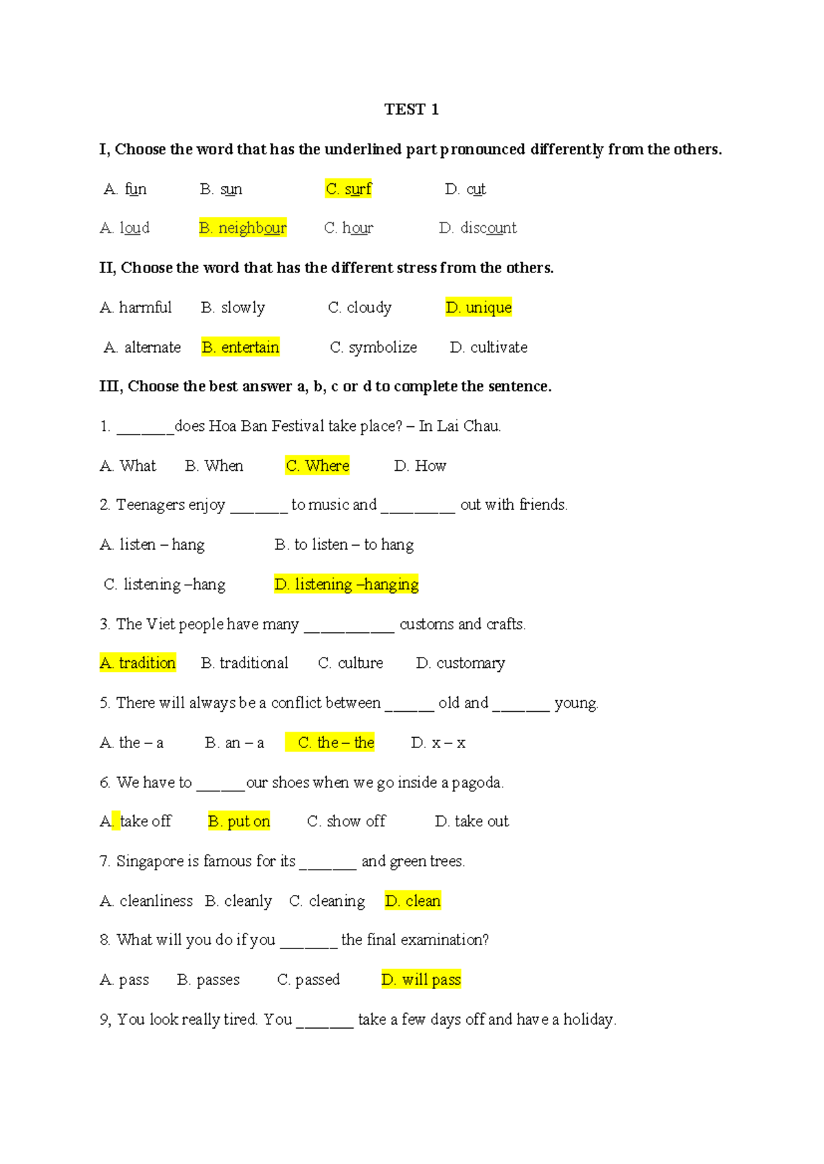 TEST 1: Pronunciation, Stress, and Sentence Completion Exercises - Studocu