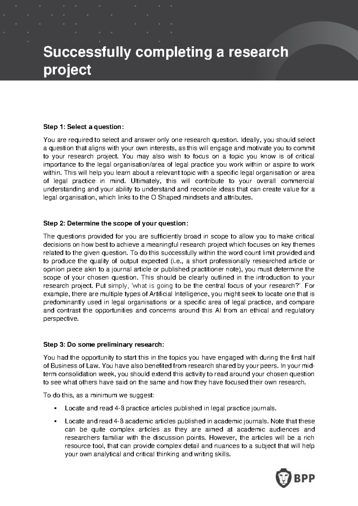 Research Project Guide: Steps to Success in Business of Law 4 - Studocu