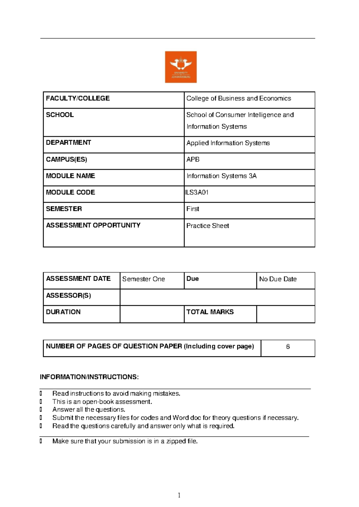 Practice Sheet ILS3A01 - Information Systems 3A Tutorial Work Semester ...