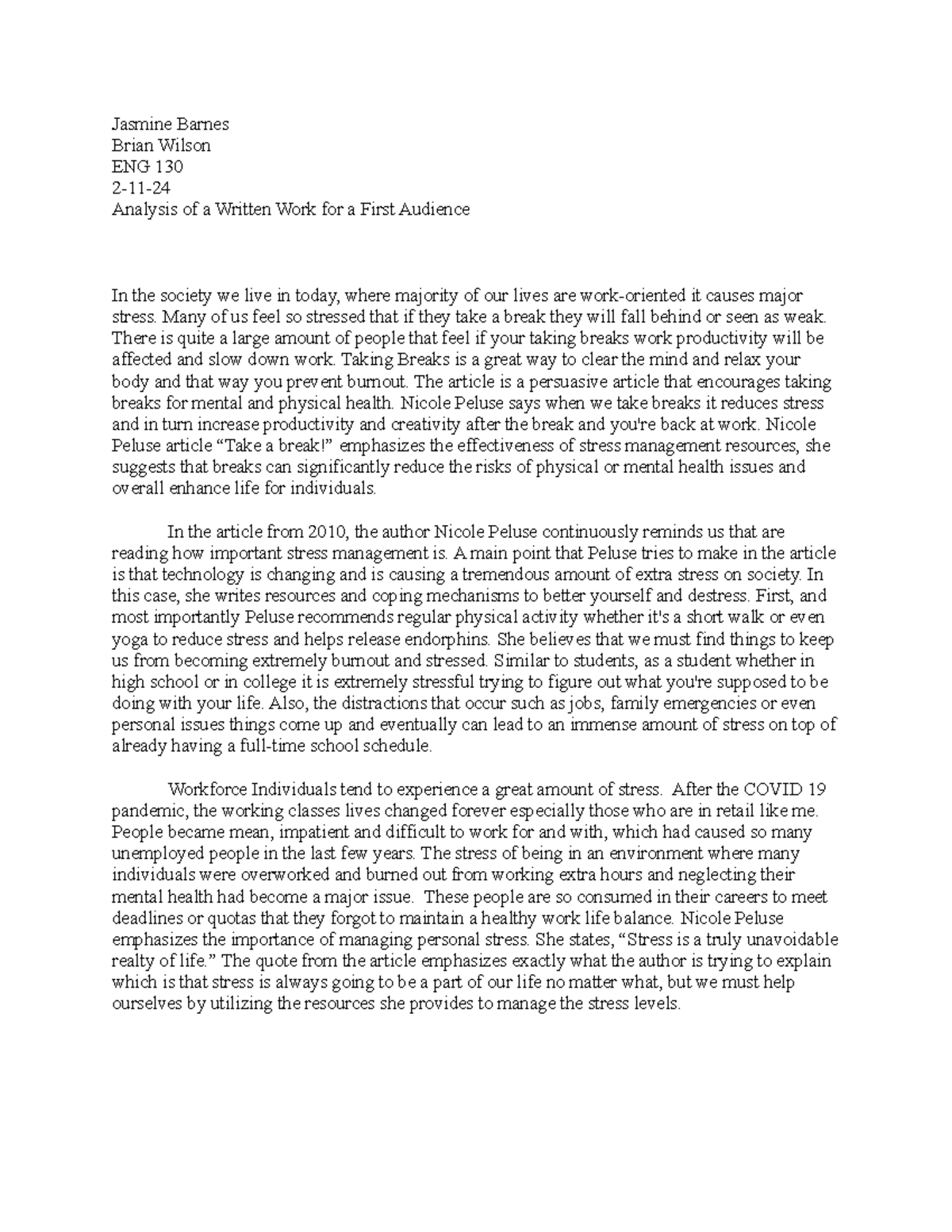 ENG 130 Analysis of Stress Management in Nicole Peluse's Work - Studocu