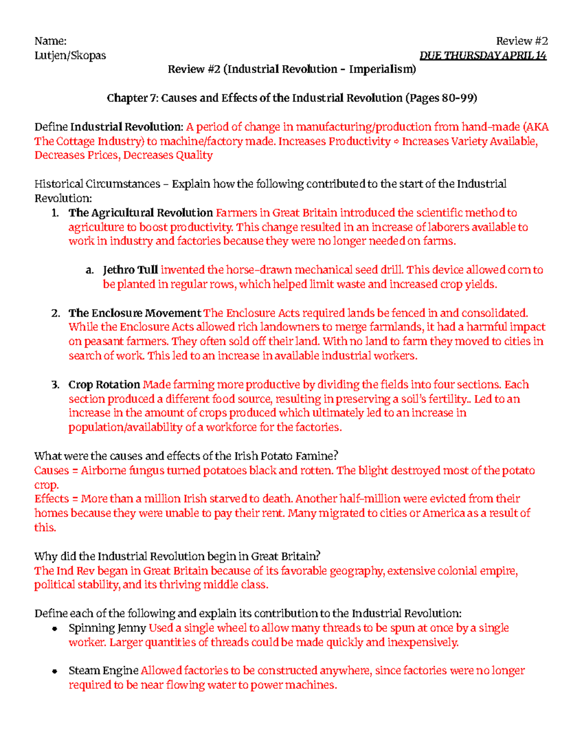 Review #2: Industrial Revolution & Imperialism Overview (HIST 101 ...