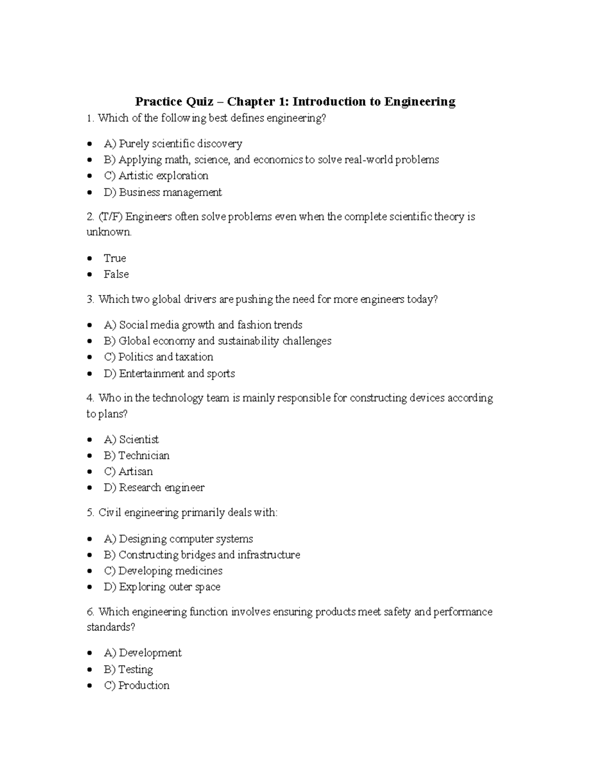 Practice Quiz – Engineering Fundamentals (ENG101) Chapter 1 - Studocu