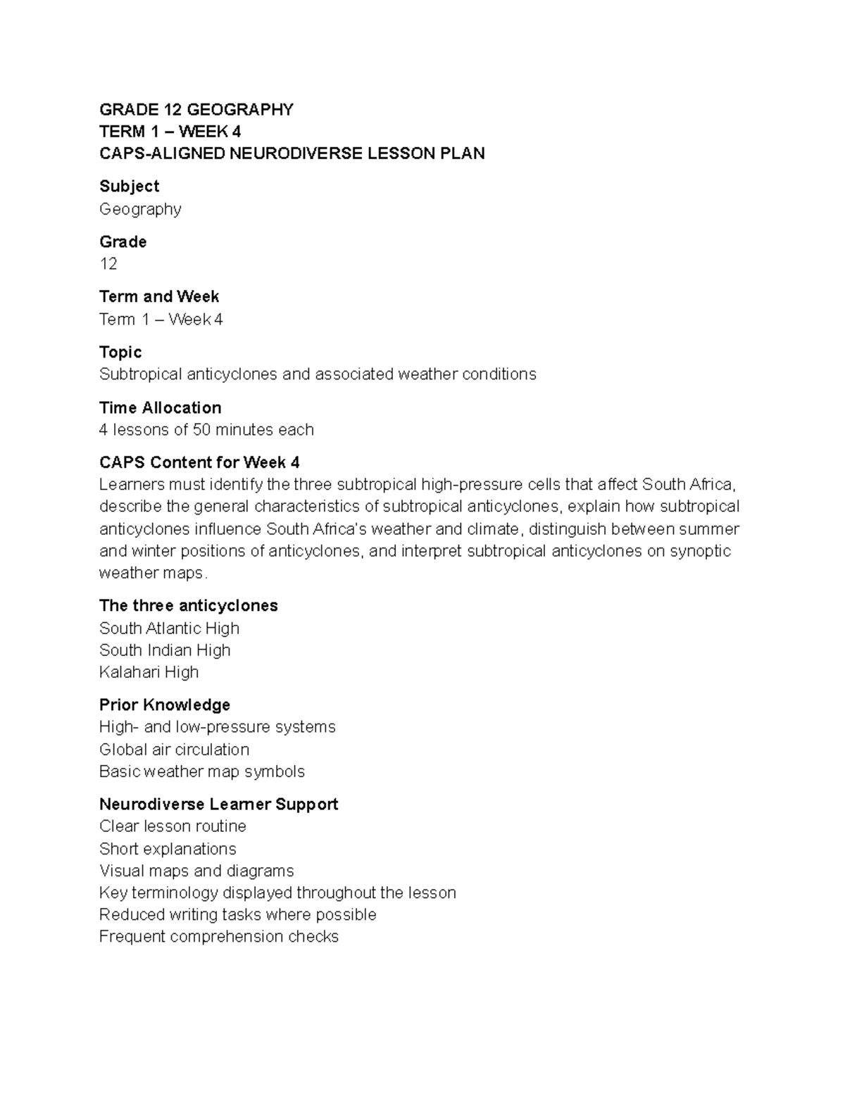GRADE 12 GEOGRAPHY T1W4 NEURODIVERSE LESSON PLAN: SUBTROPICAL ...