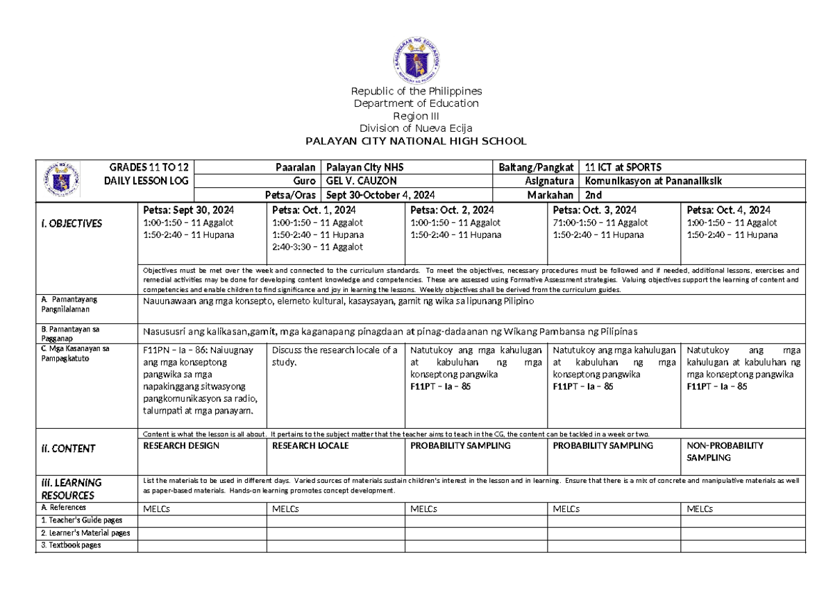 KOMUNIKASYON AT PANANALIKSIK: Daily Lesson Log (Sept 30-Oct 4, 2024 ...