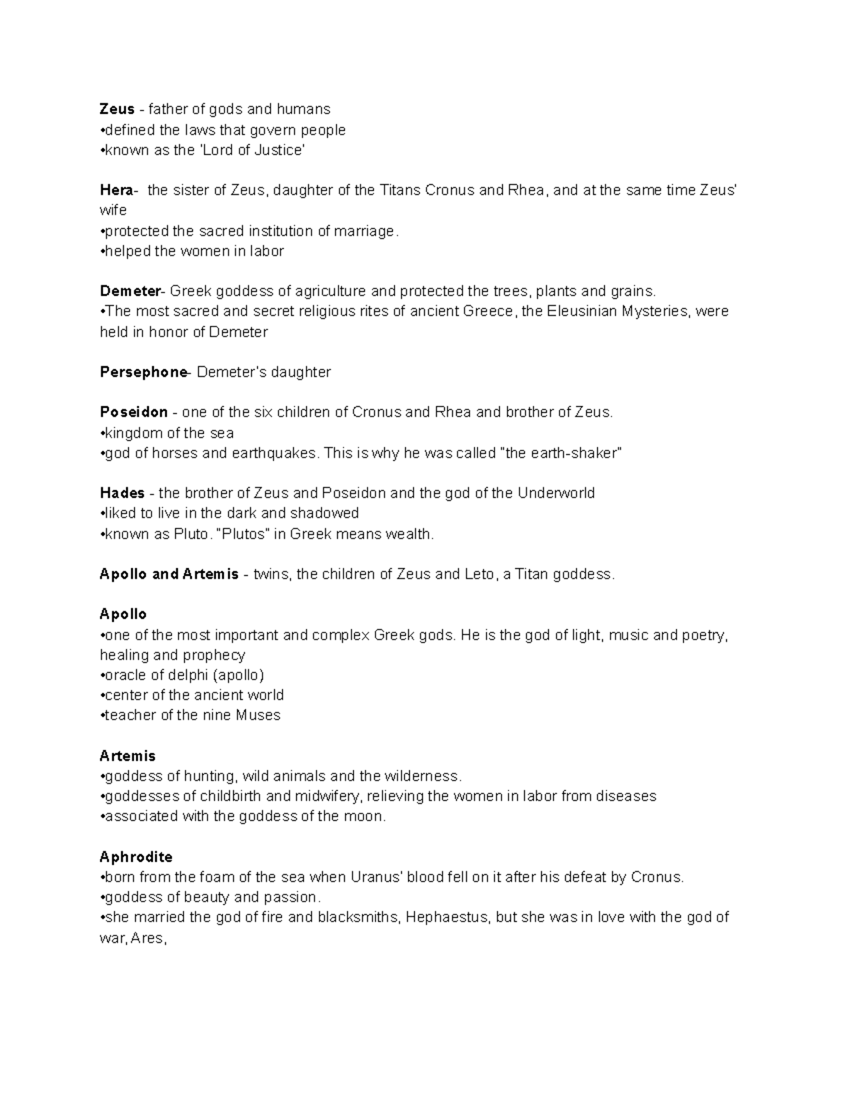 Greek Gods Overview - Chapter Notes for Class 4 - Studocu