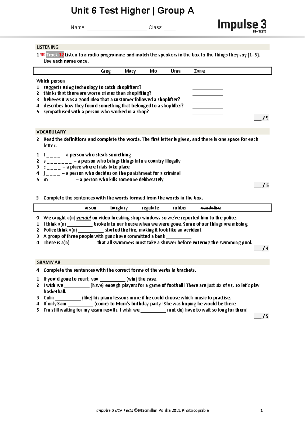 Unit 6 Test Higher A: Listening, Vocabulary, Grammar & Reading - Studocu