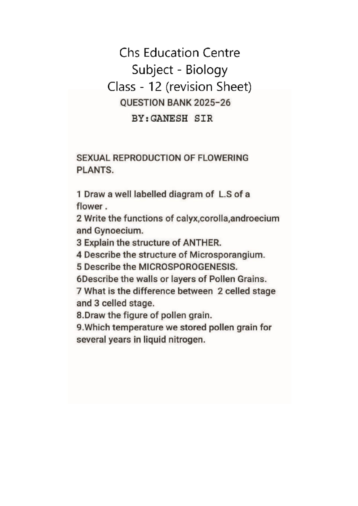 Biology Class 12 Revision Sheet: Sexual Reproduction in Flowering ...