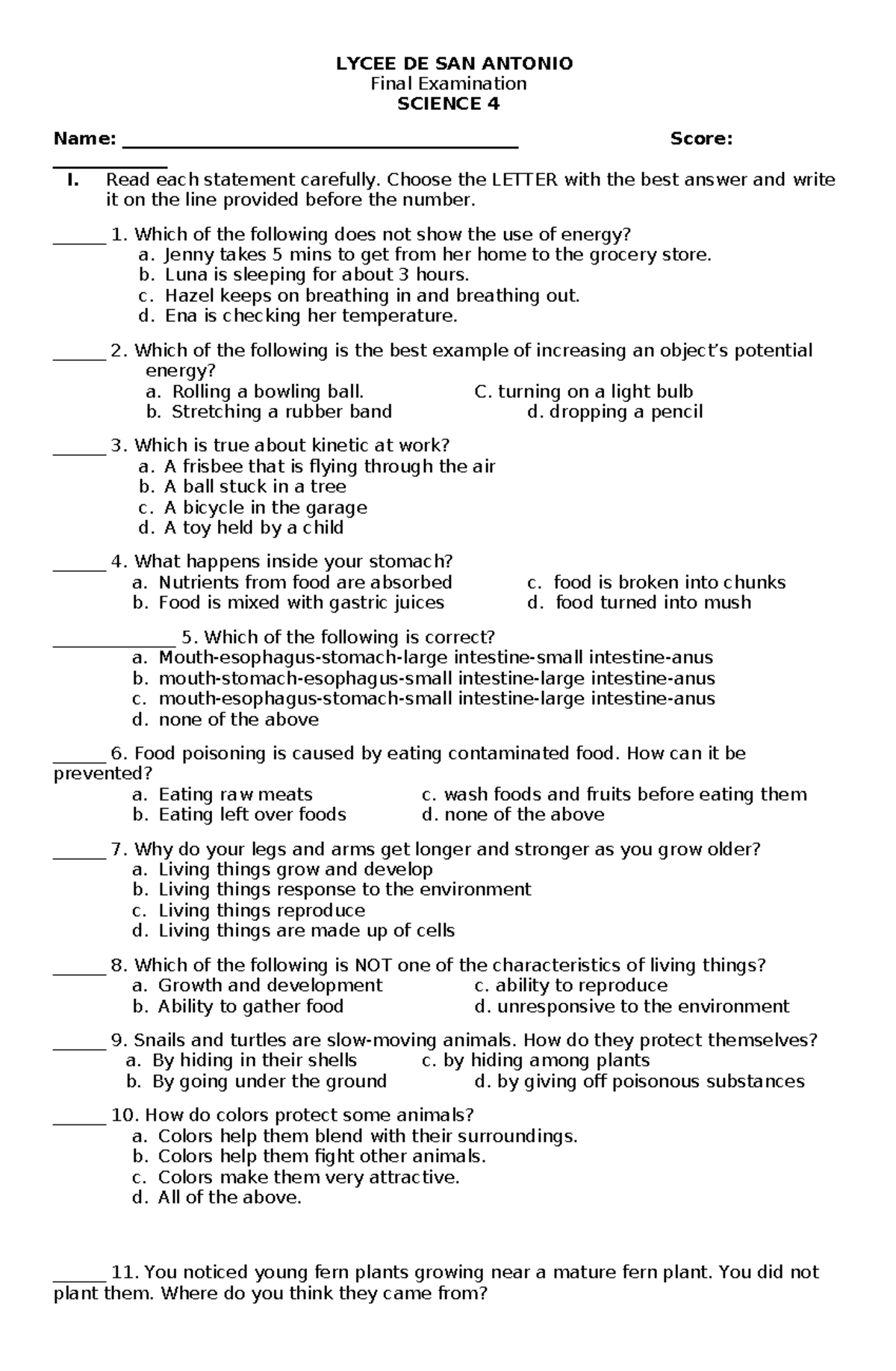 Science 4 ( Final final Exam) - LYCEE DE SAN ANTONIO Final Examination ...
