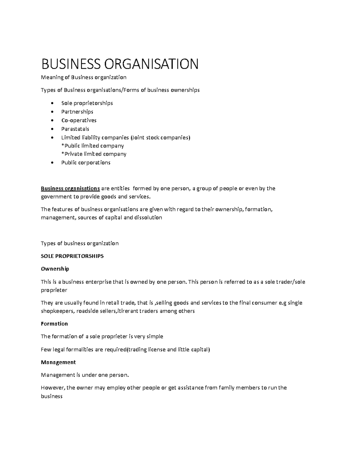 Business Organisation (BUS 101): Types, Features, and Structures ...