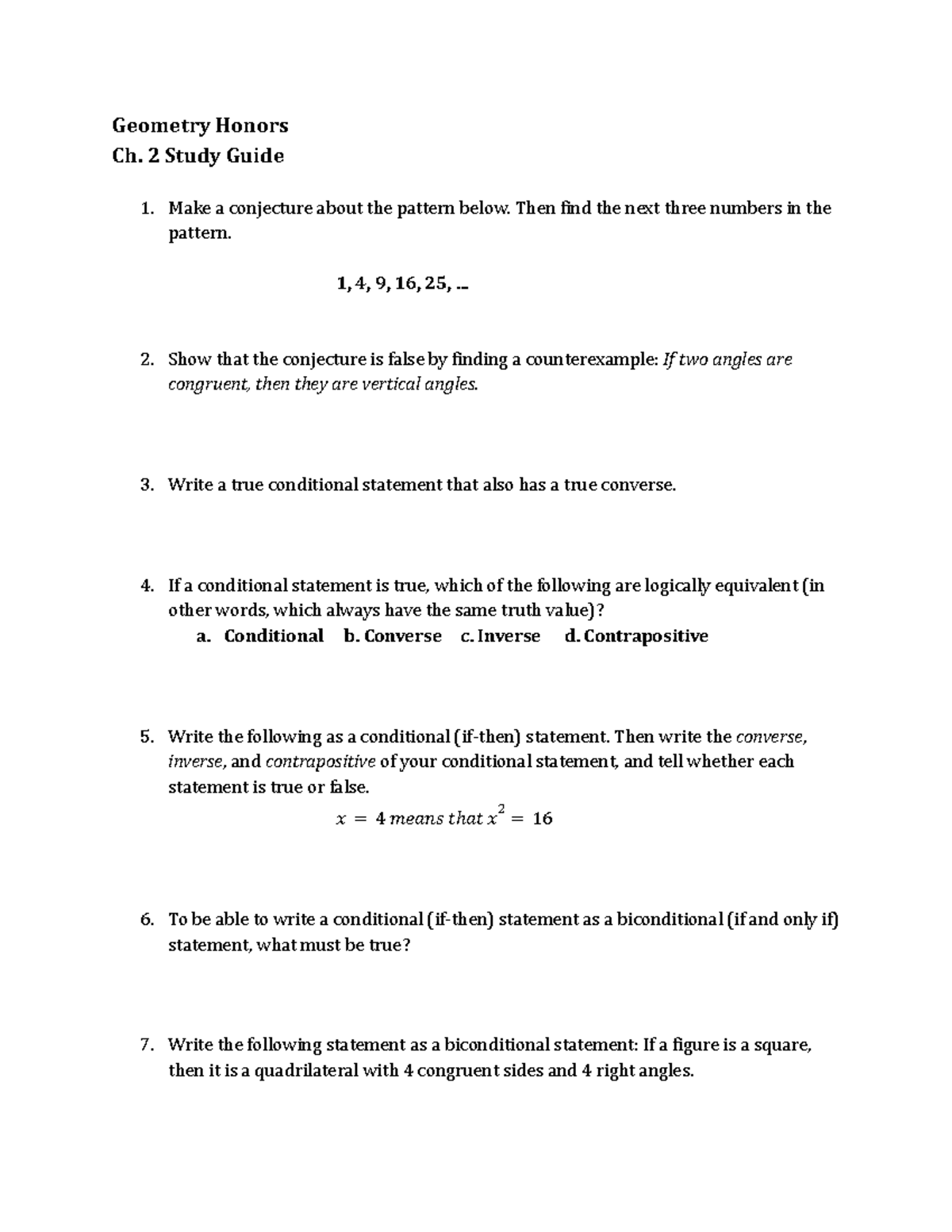 Honors Geometry Ch. 2 Study Guide: Patterns, Properties, and Statements ...