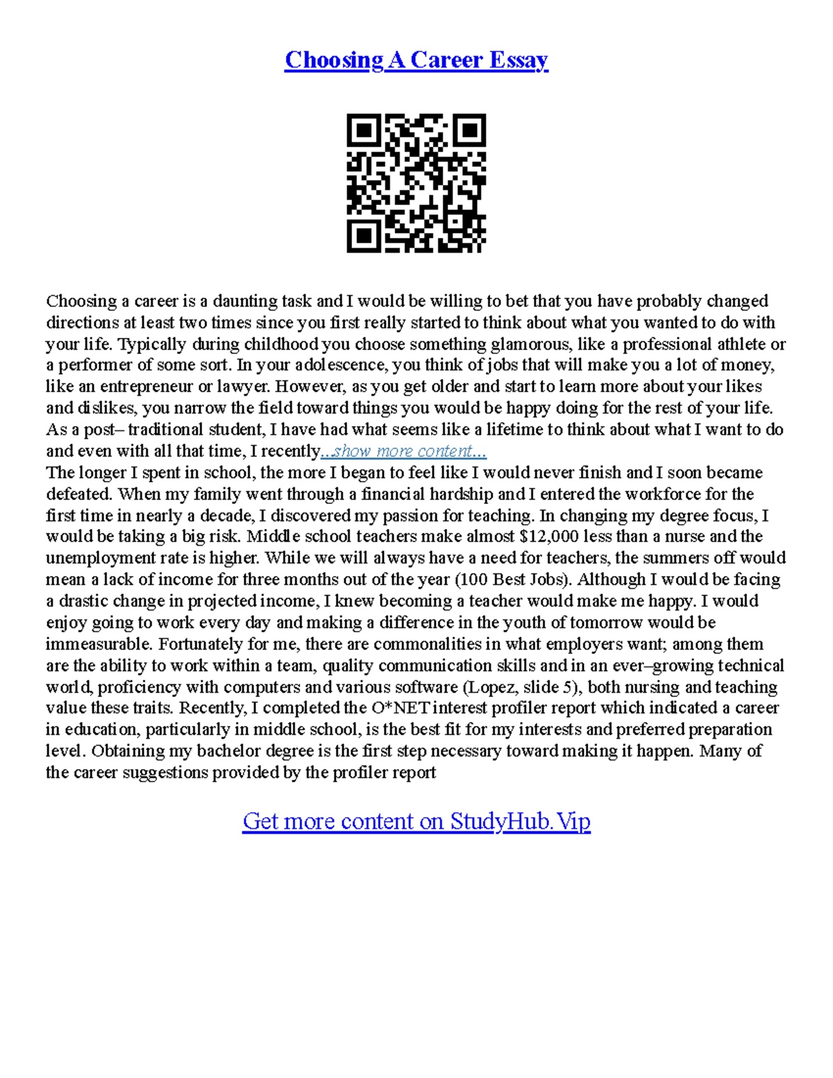 Choosing A Career Essay - Choosing A Career Essay Choosing a career is ...