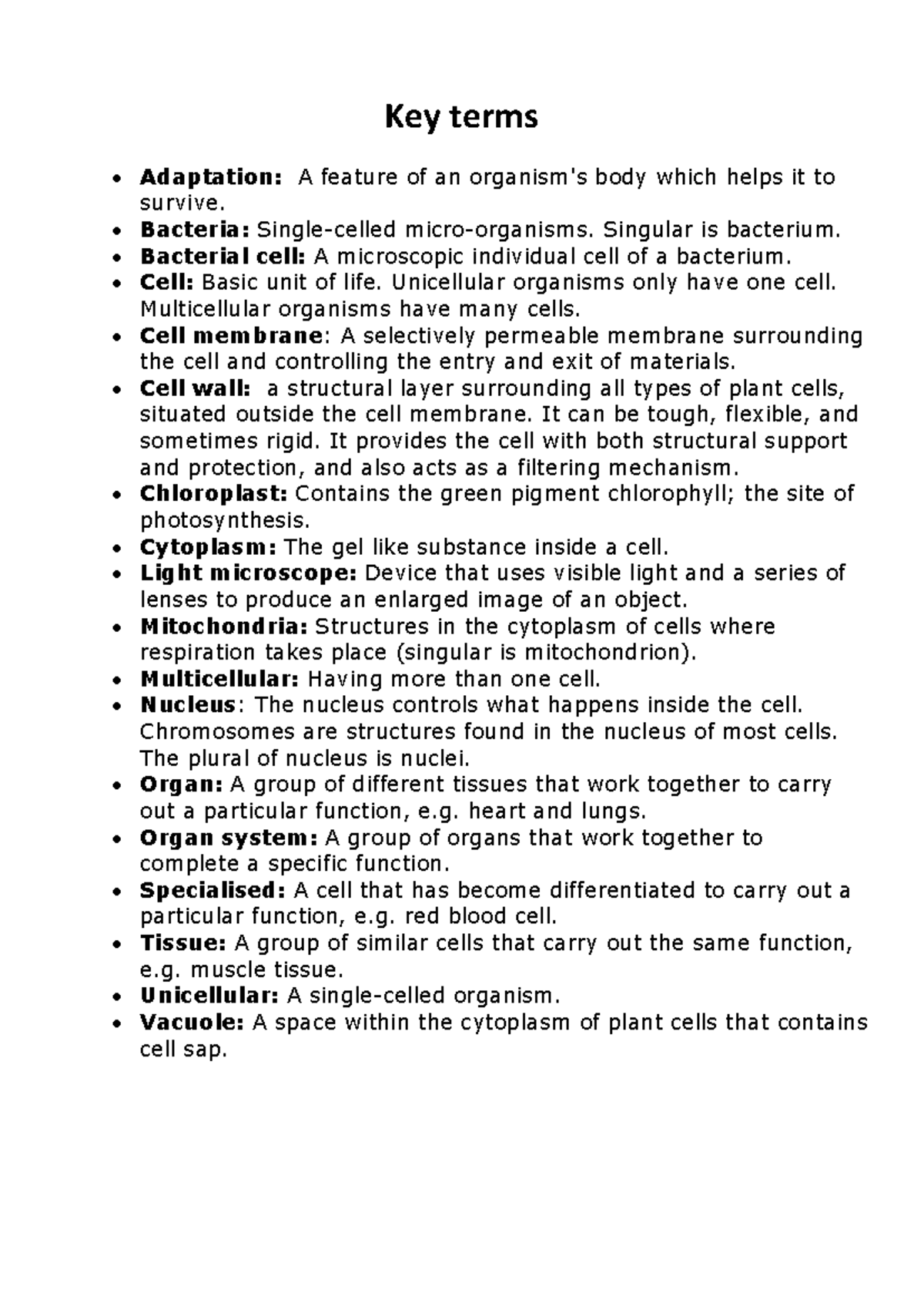 KS3-biology-cells-organs-life-processes - Key terms Adaptation: A ...