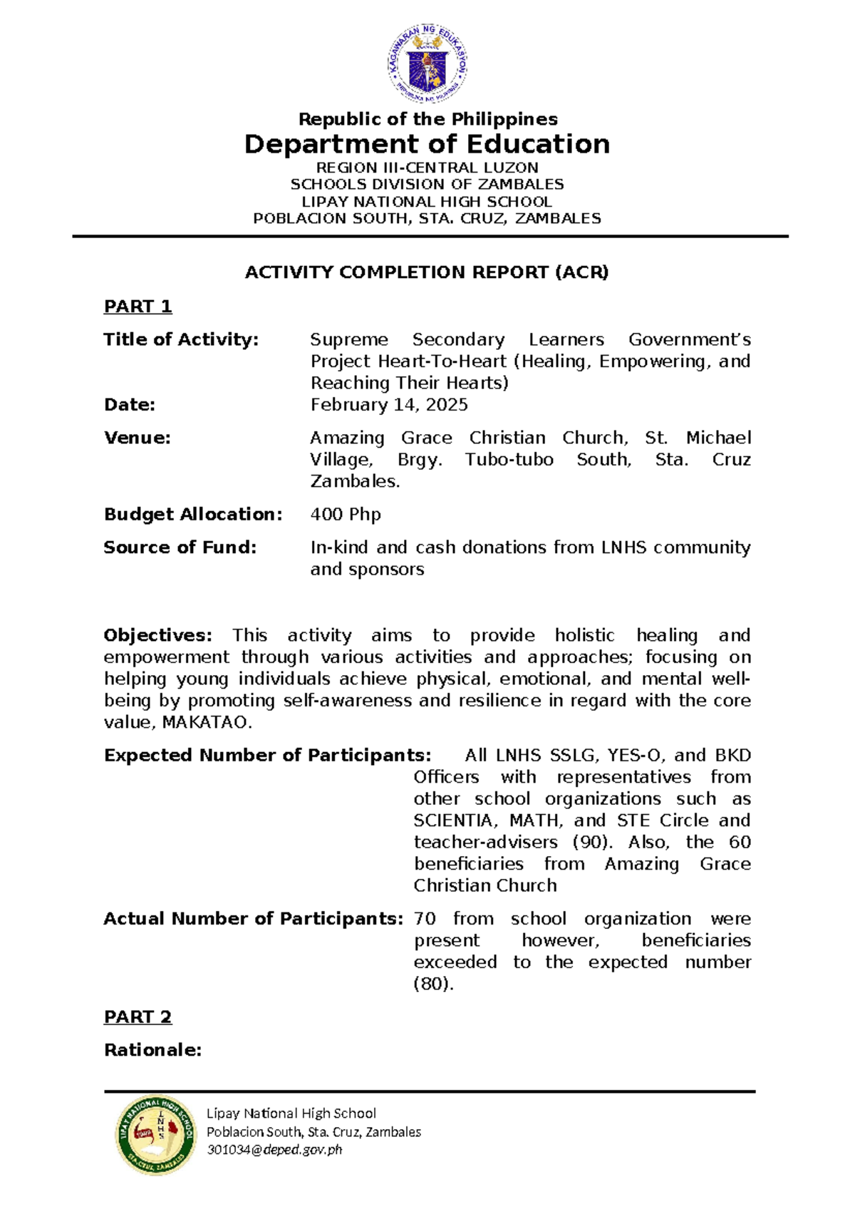 ACR-Project Heart-TO- Heart - Department of Education REGION III ...