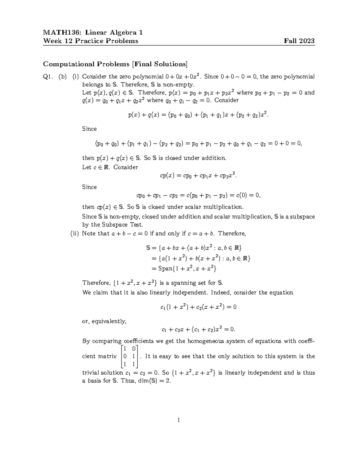MATH136: Linear Algebra 1 Week 12 Practice Problems Solutions Fall 2023 - Studocu