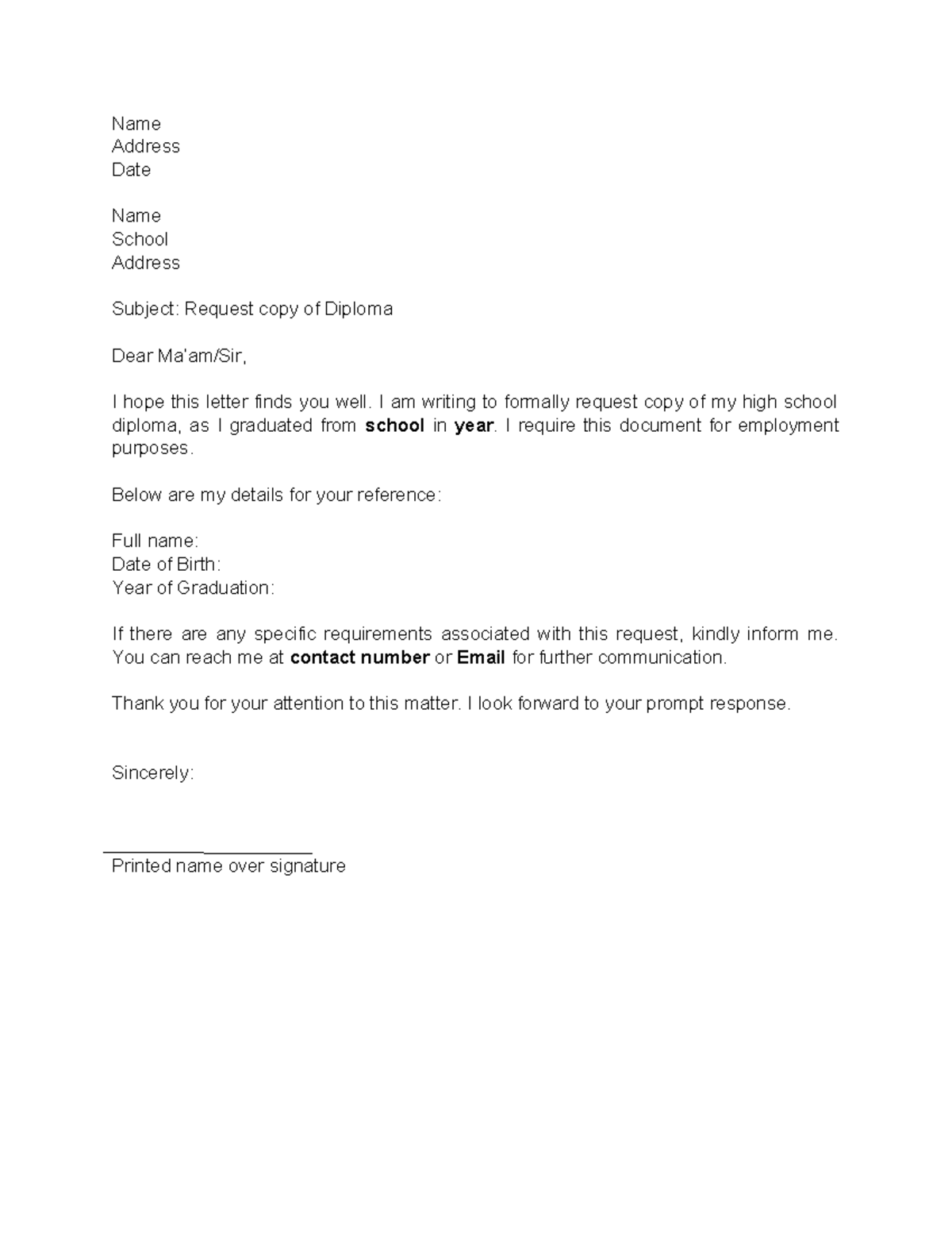 Request Letter for Copy of Diploma - Studocu